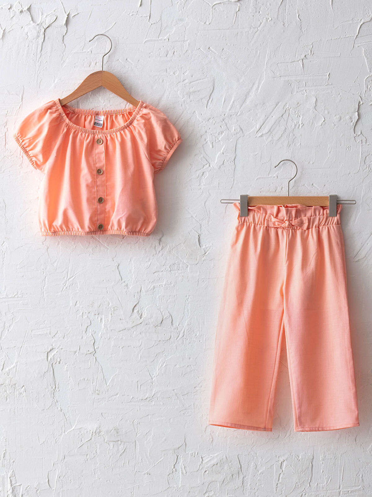 Bisiklet Yaka Kısa Kollu Basic Pamuklu Kız Bebek Bluz ve Pantolon 2'li Takım