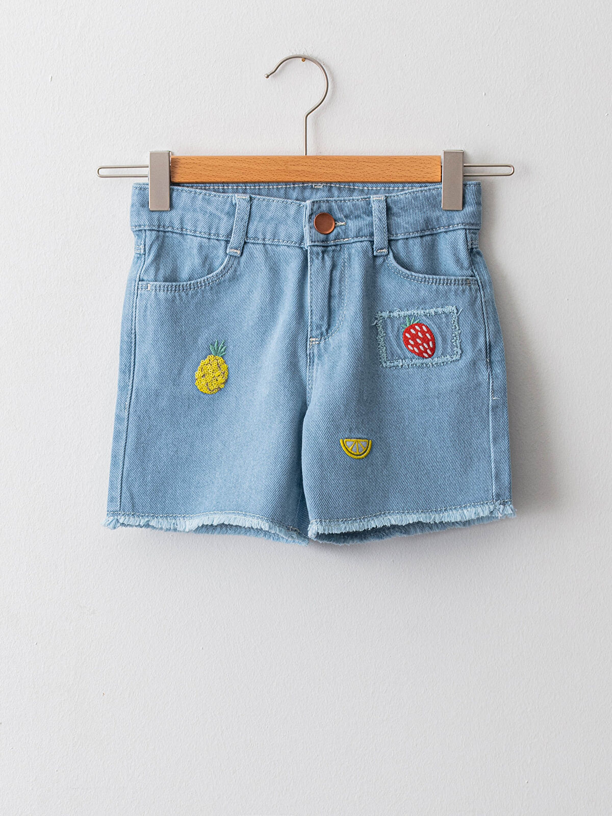 Aplike Nakışlı Pamuklu Kız Çocuk Jean Şort