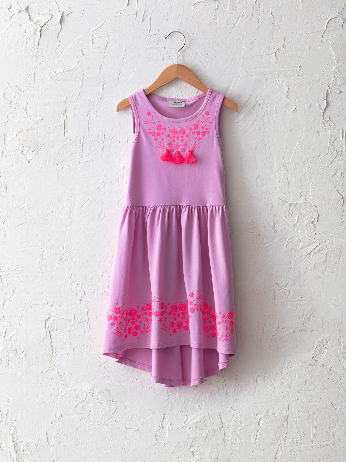 Bisiklet Yaka Baskılı Püskül Detaylı Pamuklu Kız Çocuk Elbise