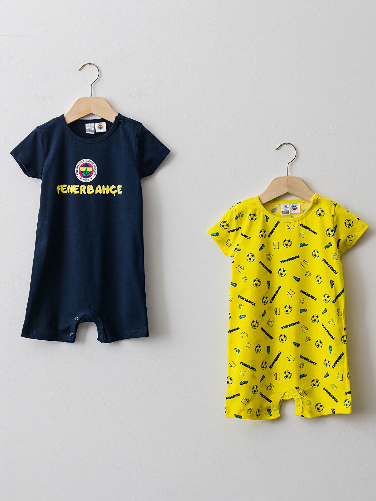 Bisiklet Yaka Kısa Kollu Fenerbahçe Baskılı Pamuklu Erkek Bebek Tulum 2'li