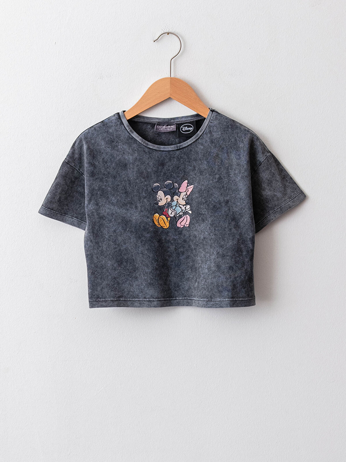 Bisiklet Yaka Minnie ve Mickey Mouse Baskılı Kısa Kollu Pamuklu Kız Çocuk Tişört