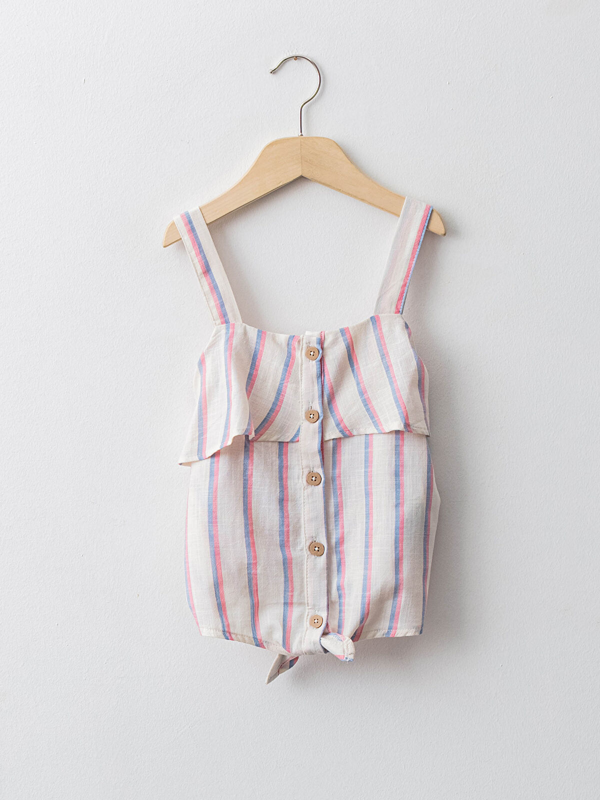 Kare Yaka Çizgili Askılı Poplin Kız Çocuk Bluz