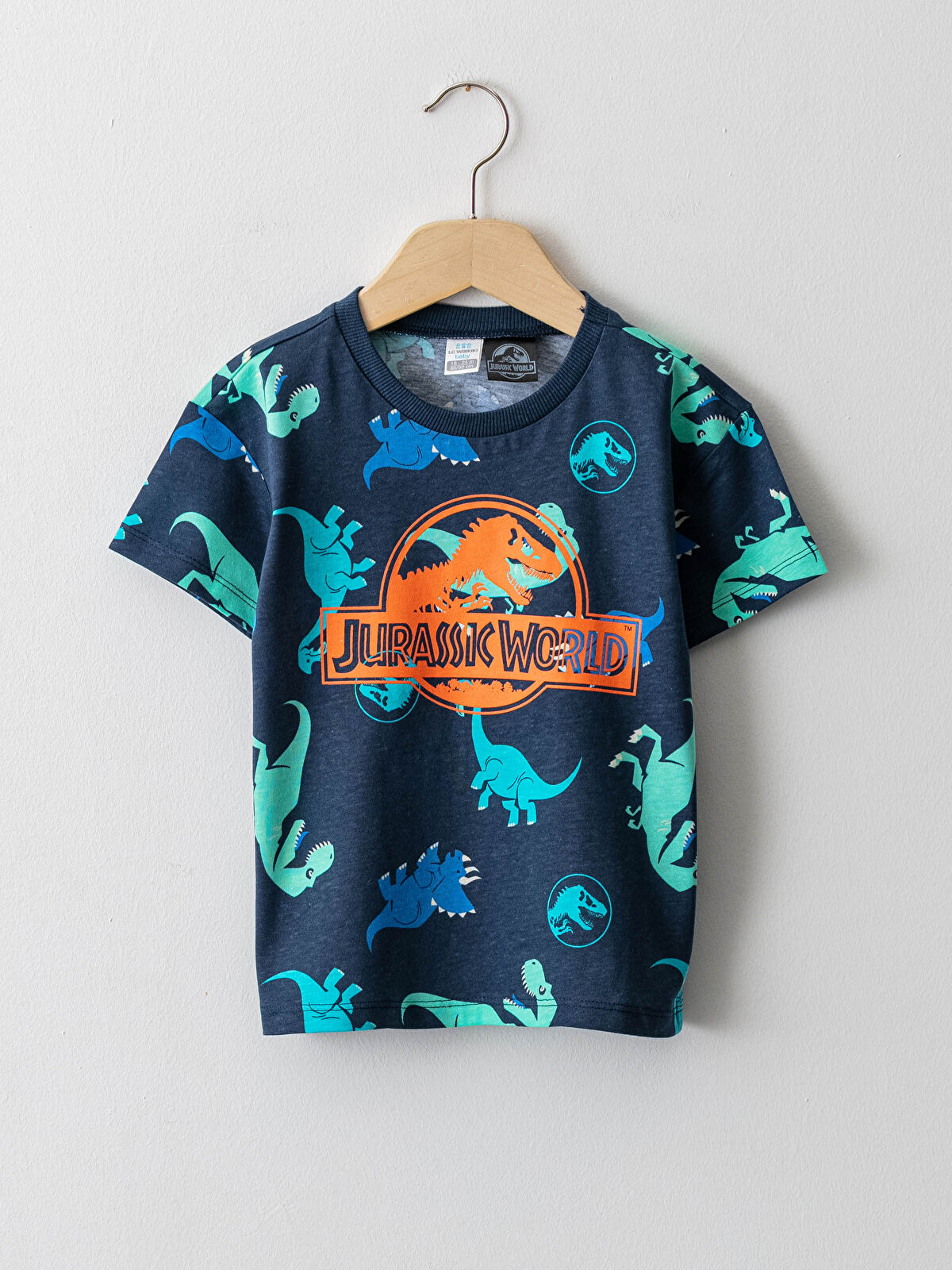 Bisiklet Yaka Kısa Kollu Jurassic World Baskılı Pamuklu Erkek Bebek Tişört