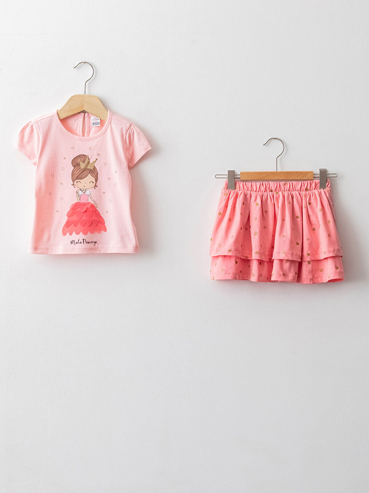 Bisiklet Yaka Kısa Kollu Baskılı Pamuklu Kız Bebek Tişört ve Etek 2'li Takım