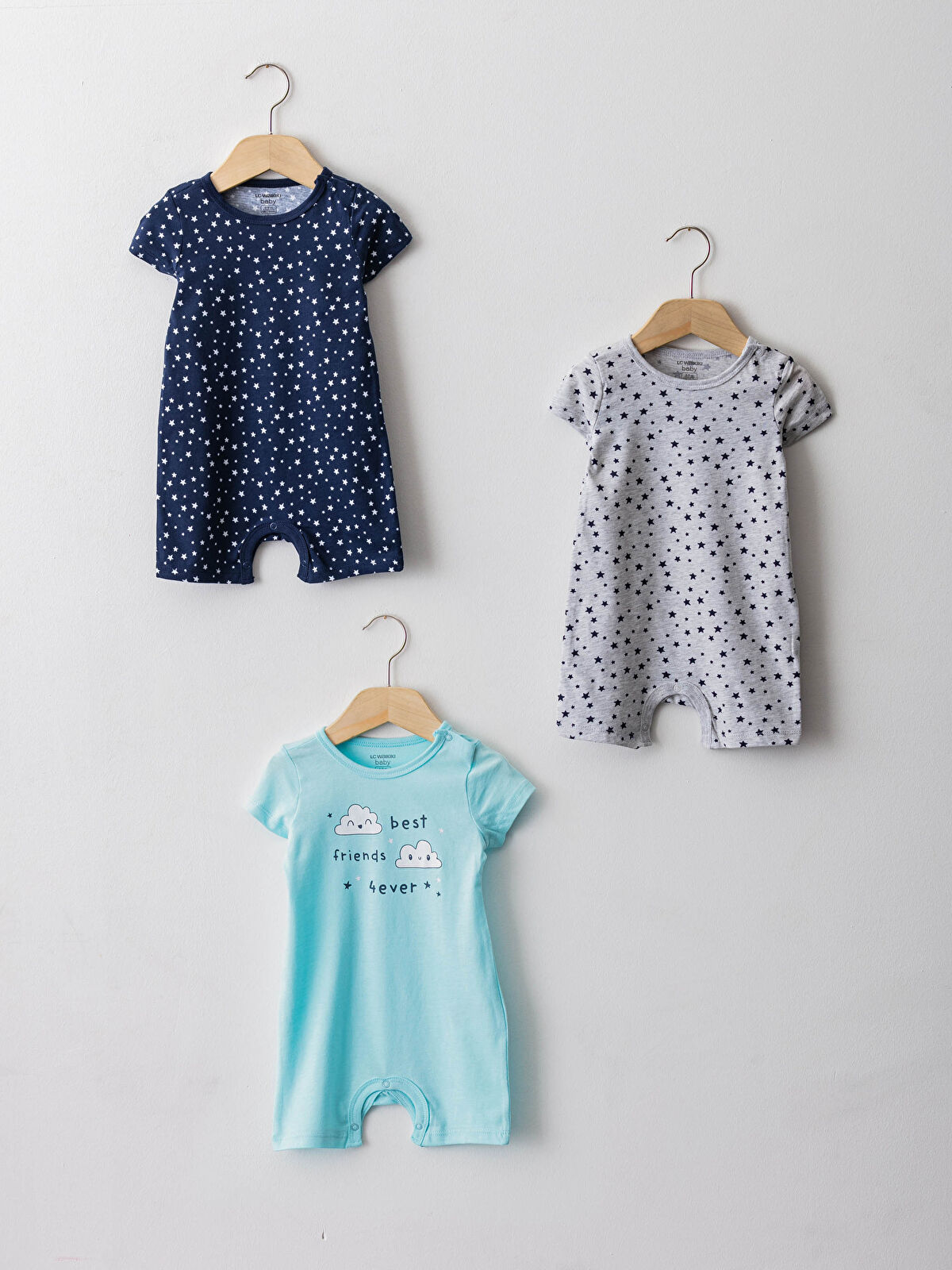 Bisiklet Yaka Kısa Kollu Baskılı Pamuklu Unisex Bebek Tulum 3'lü