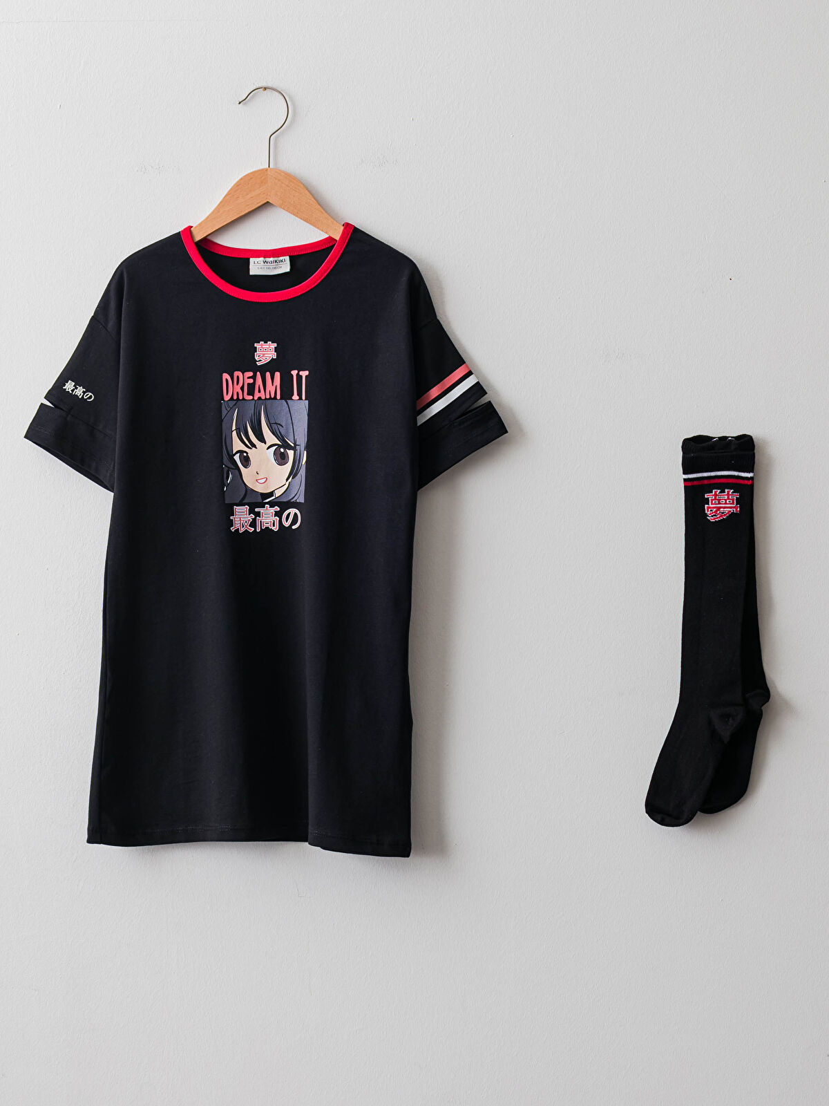 Bisiklet Yaka Baskılı Kısa Kollu Kız Çocuk Elbise ve Diz Altı Çorap