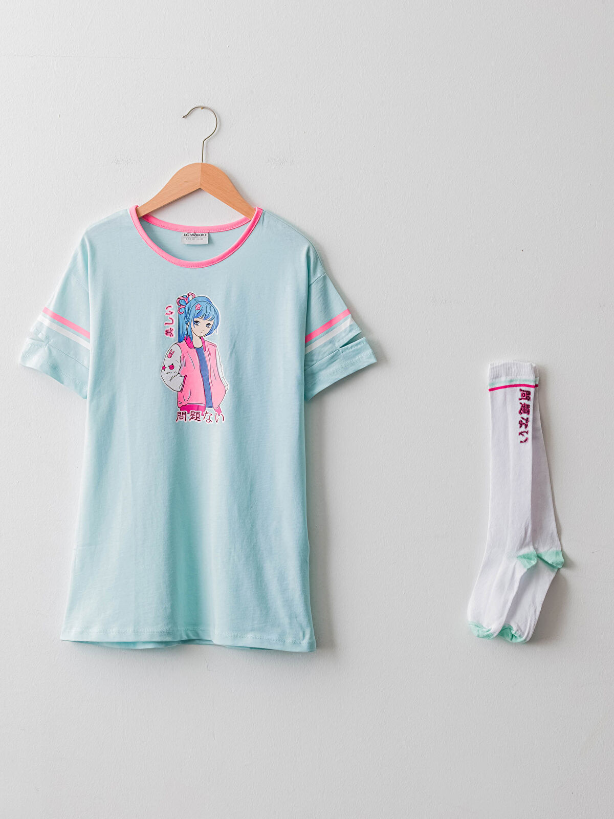 Bisiklet Yaka Baskılı Kısa Kollu Kız Çocuk Elbise ve Diz Altı Çorap