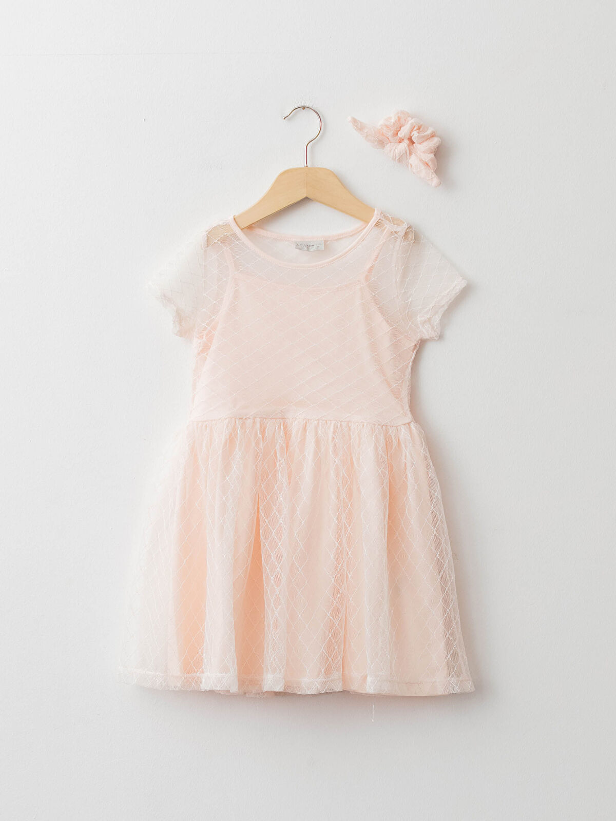 Bisiklet Yaka Kısa Kollu Kız Çocuk Tül Elbise ve Toka