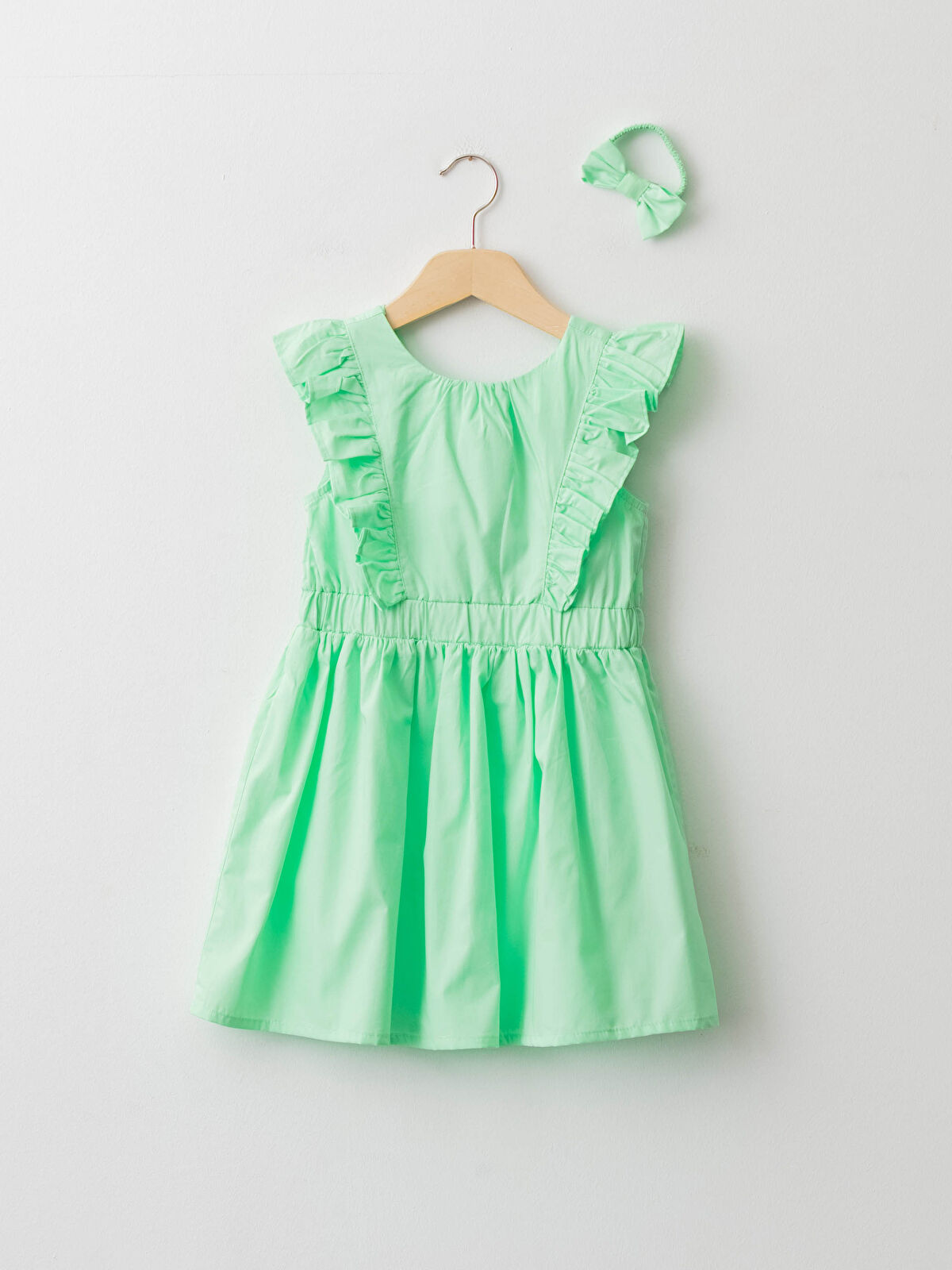 Bisiklet Yaka Fırfır Detaylı Poplin Kız Çocuk Elbise ve Toka