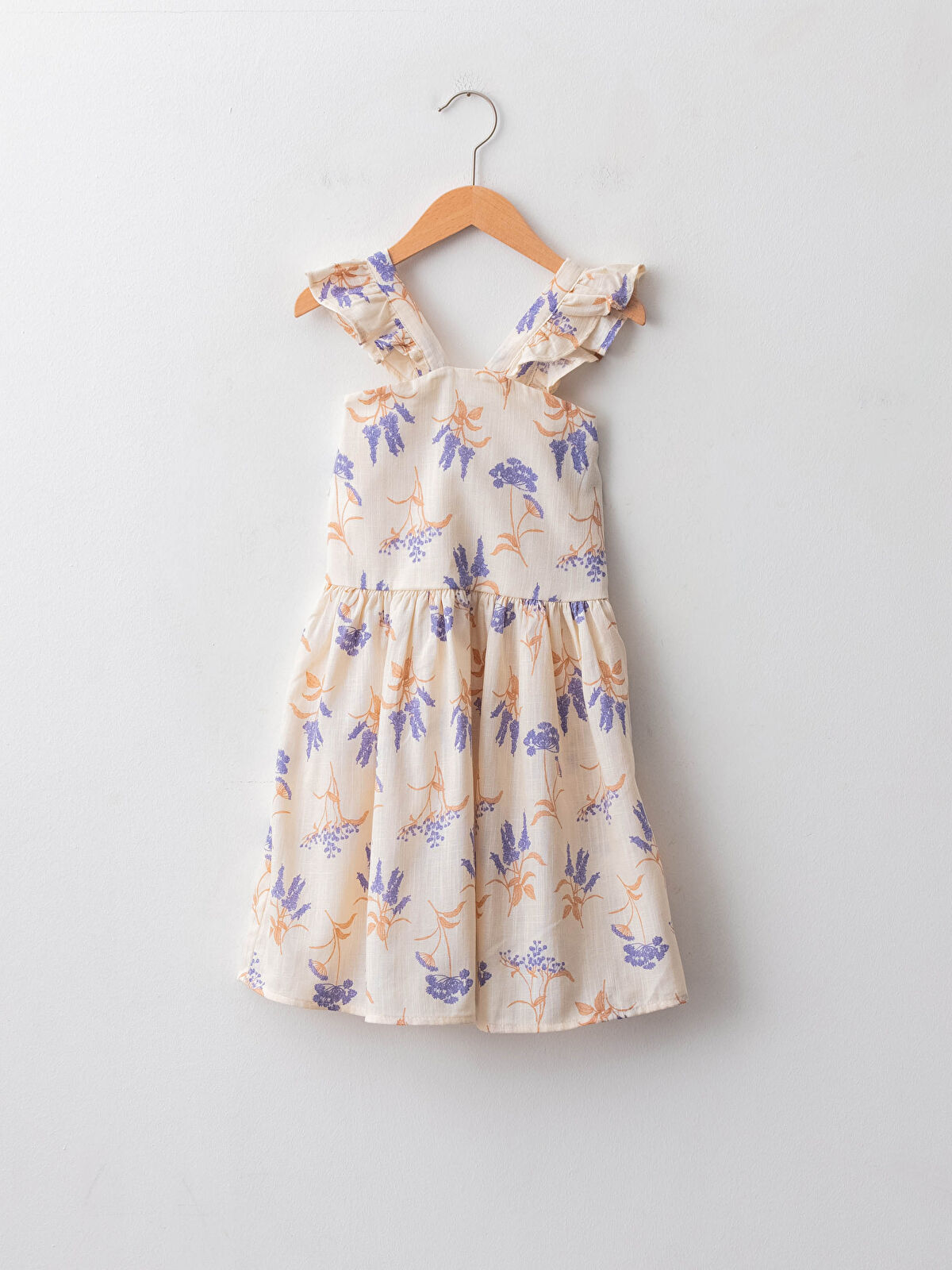 Fırfır Detaylı Desenli Askılı Poplin Kız Çocuk Elbise