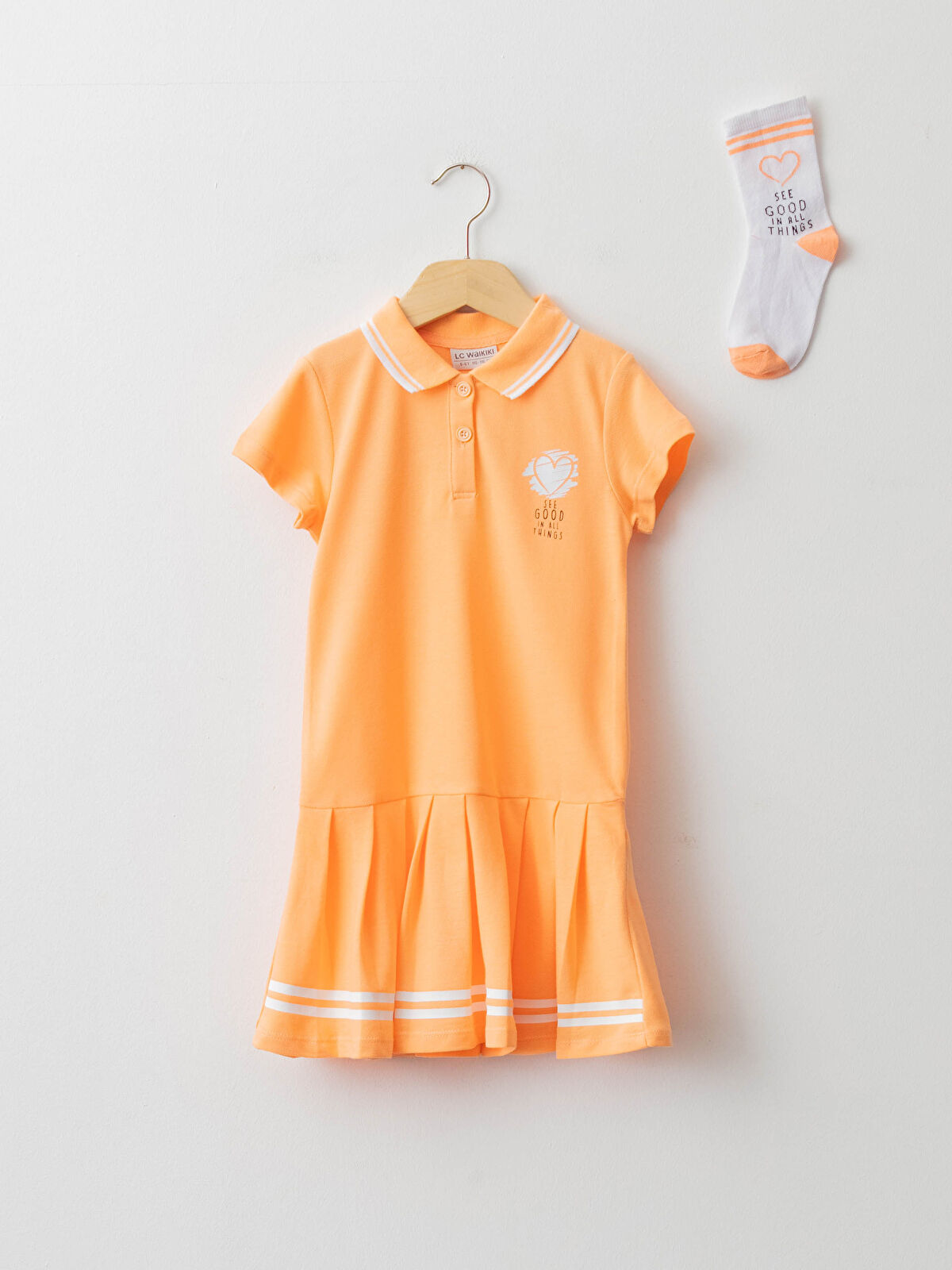 Polo Yaka Kısa Kollu Baskılı Kız Bebek Elbise ve Soket Çorap 2'li Takım