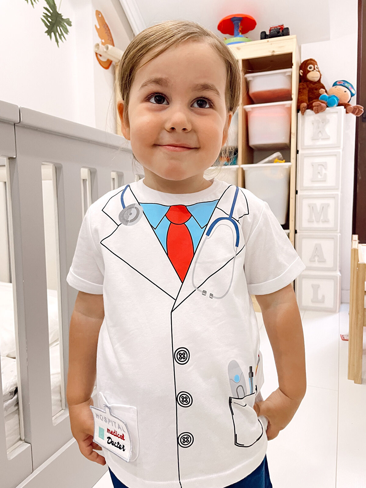 Bisiklet Yaka Kısa Kollu Baskılı Pamuklu Erkek Bebek Doktor Kostüm