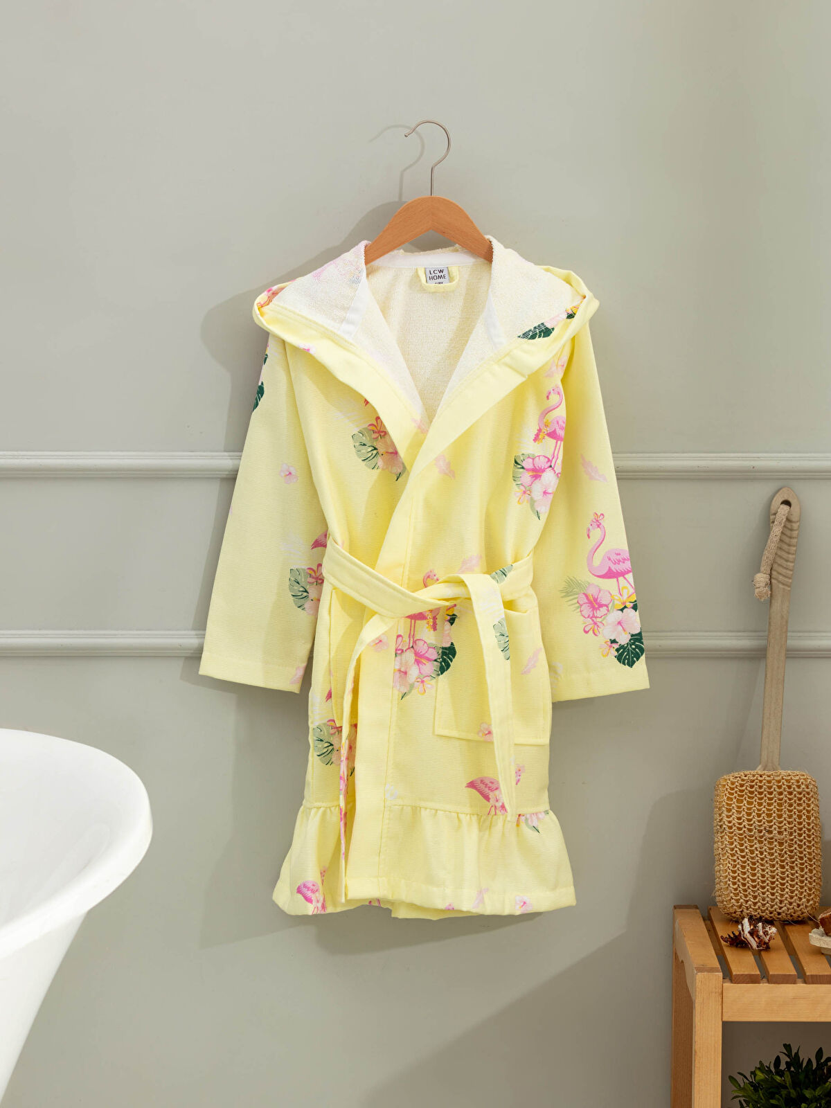 Flamingo Baskılı Kapüşon Yaka Kız Çocuk Bornoz