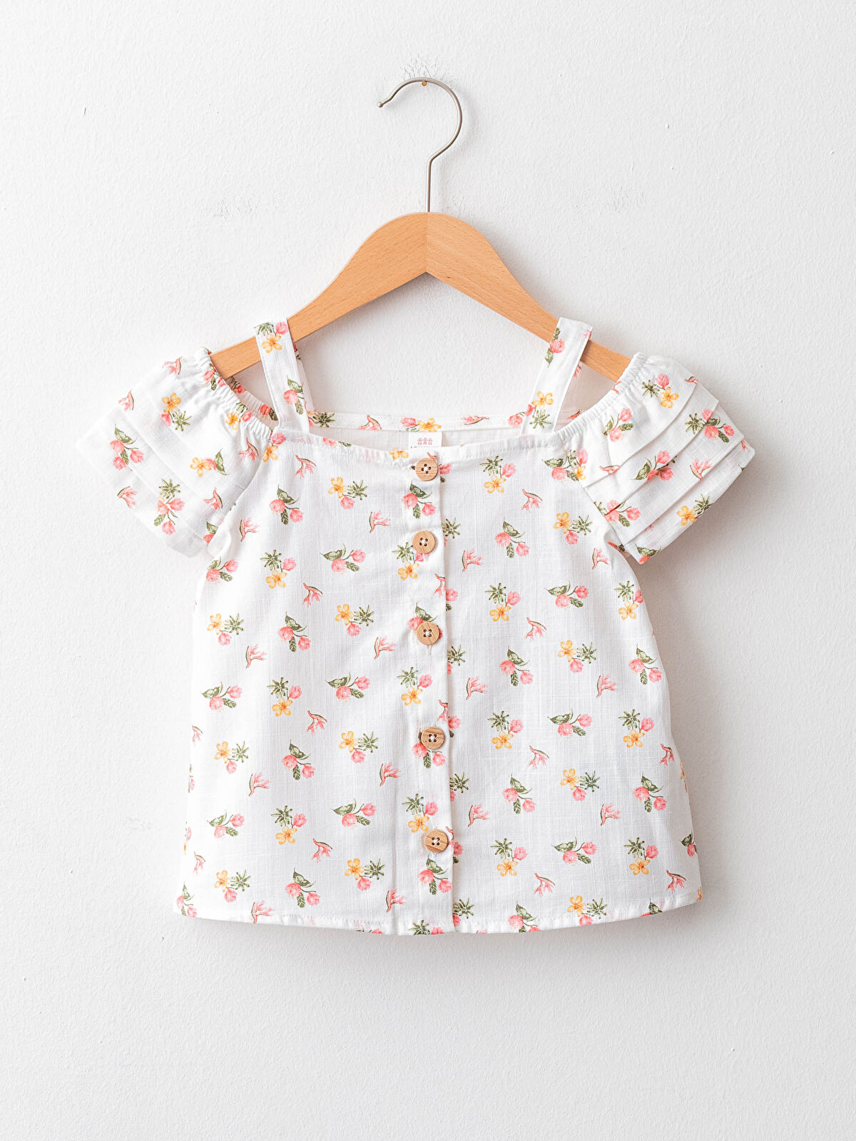 Kare Yaka Omuzları Açık Baskılı Kız Bebek Bluz