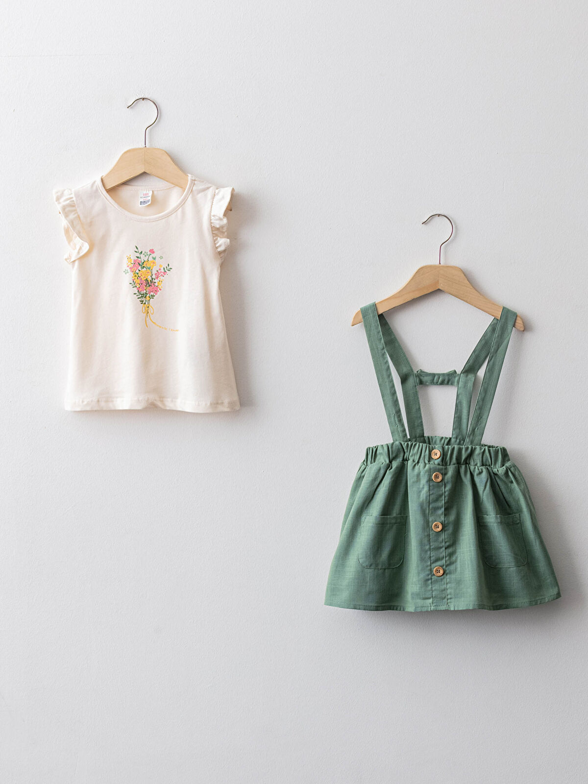 Bisiklet Yaka Kısa Kollu Baskılı Kız Bebek Tişört ve Etek 2'li Takım