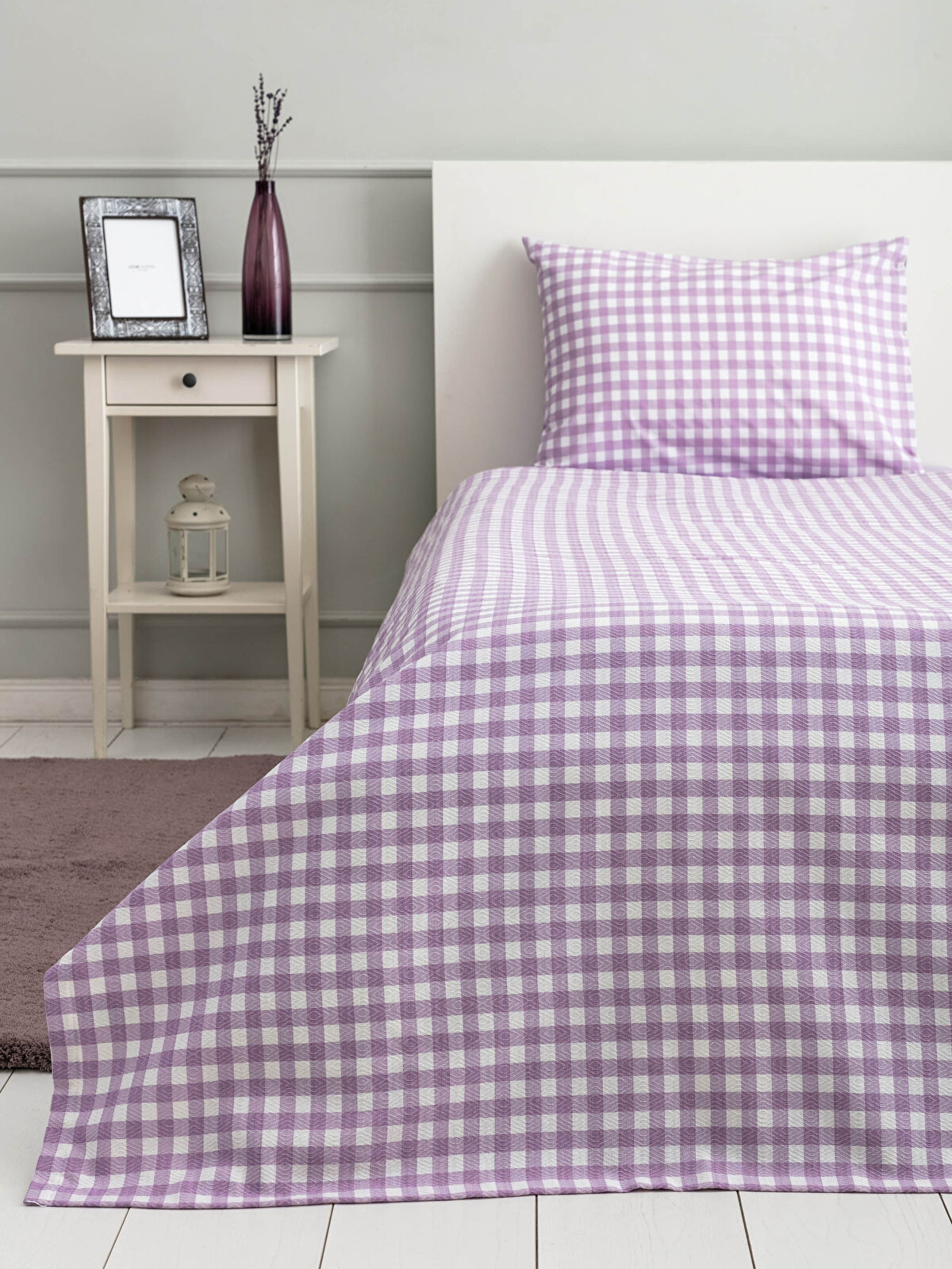 Tek Kişilik Ekose Desenli Pike Takımı