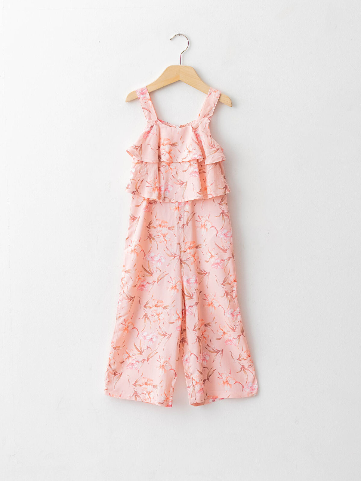 Kare Yaka Desenli Askılı Viskon Kız Çocuk Tulum