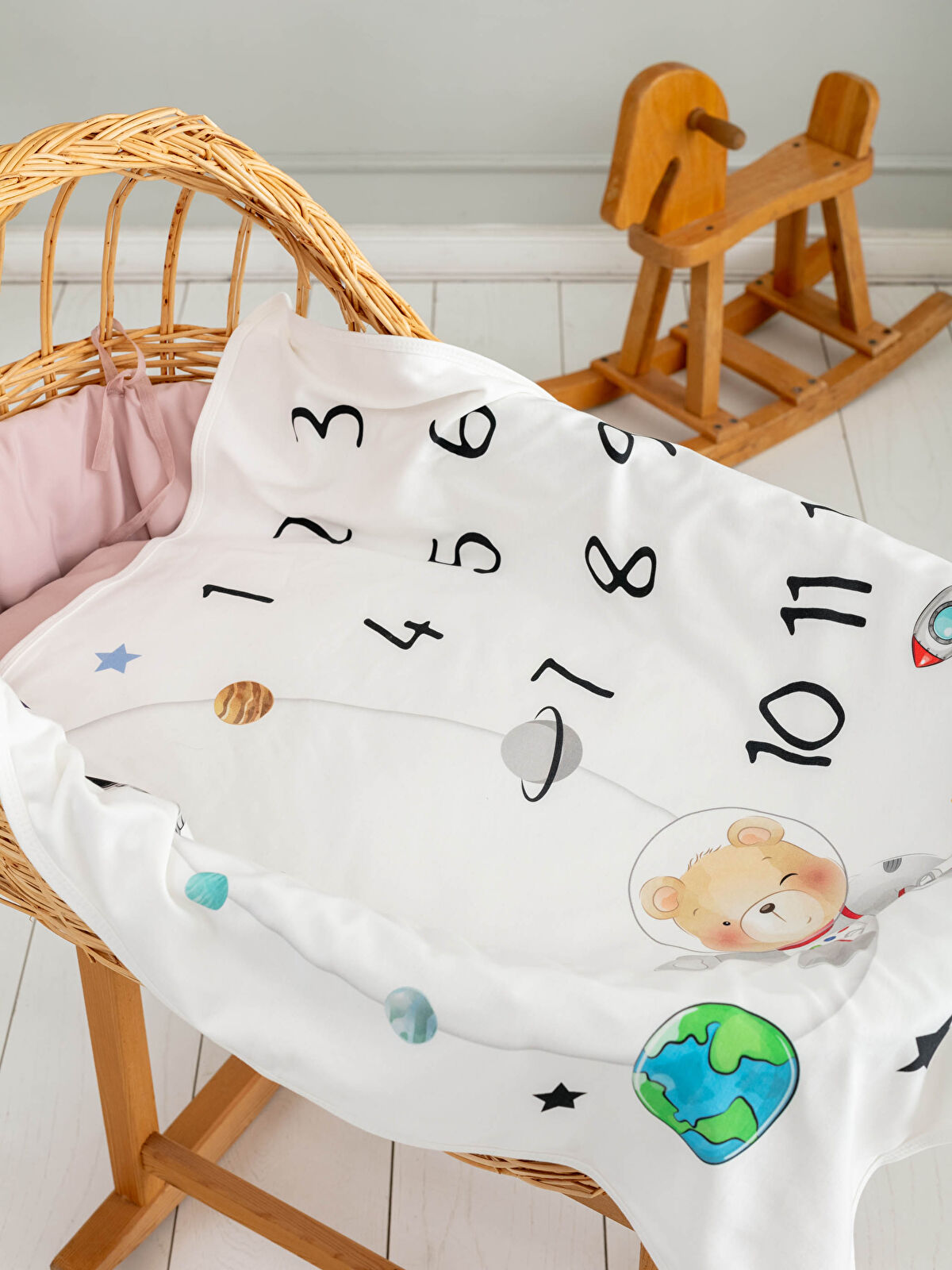 Baskılı Pamuklu Unisex Bebek Ay Baskılı Anı Battaniyesi