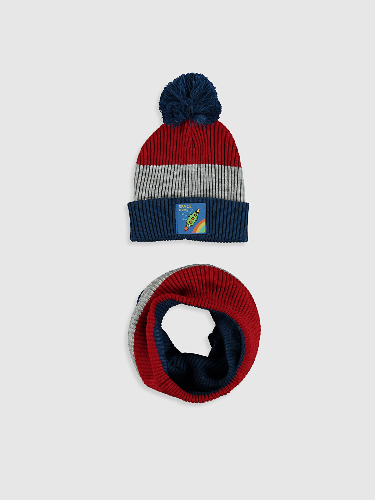 Erkek Çocuk Renk Bloklu Ponponlu Triko Bere ve Boyunluk