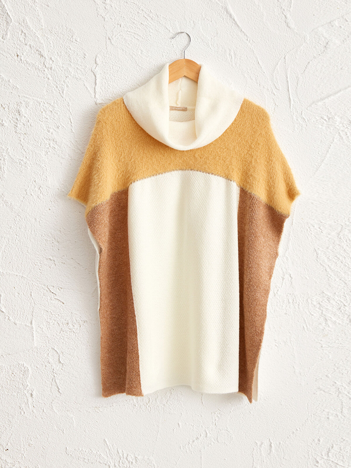 Şal Yaka Renk Bloklu Kalın Panço