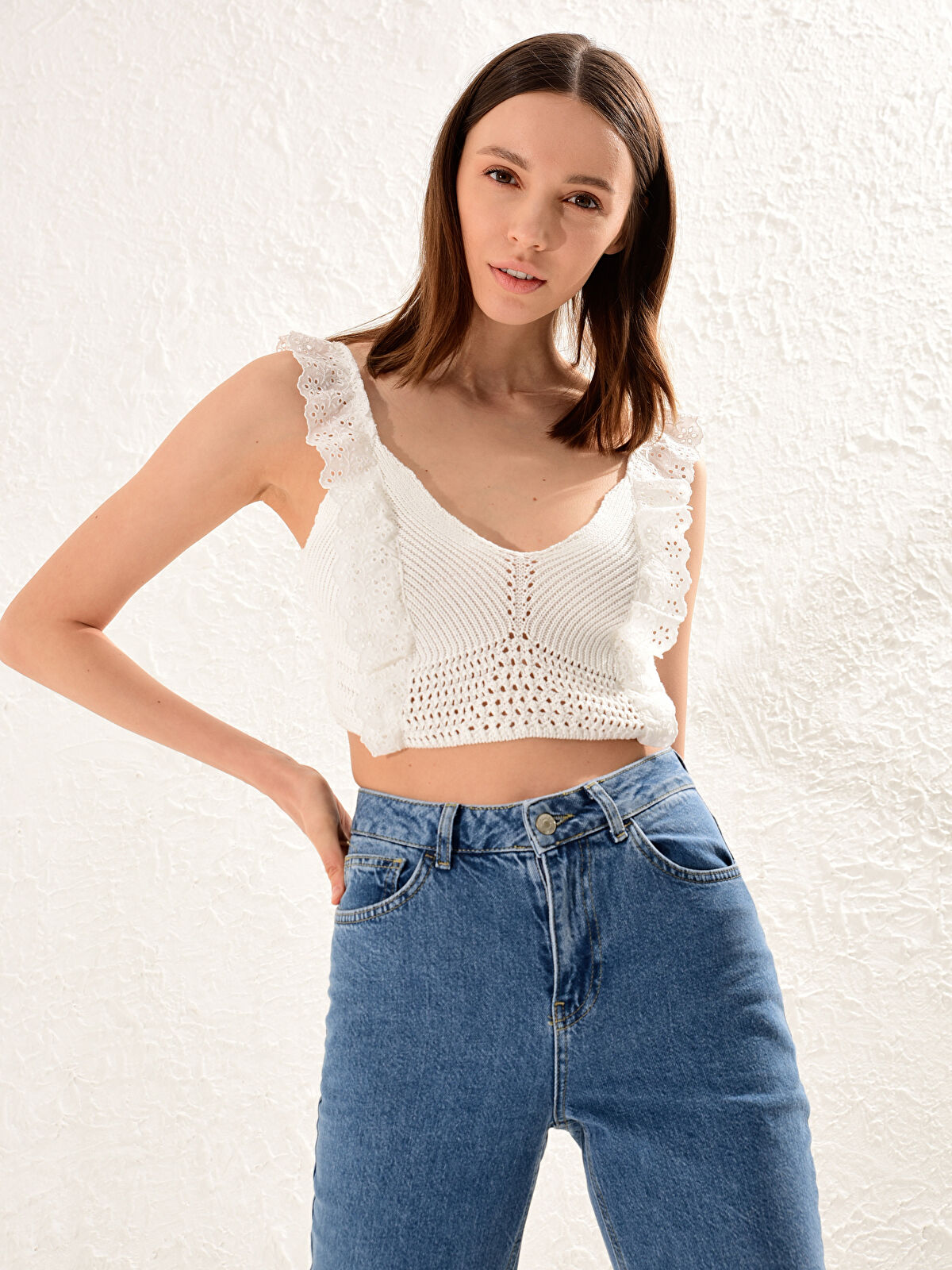 Askılı Fırfır Detaylı Crop Kadın Kazak