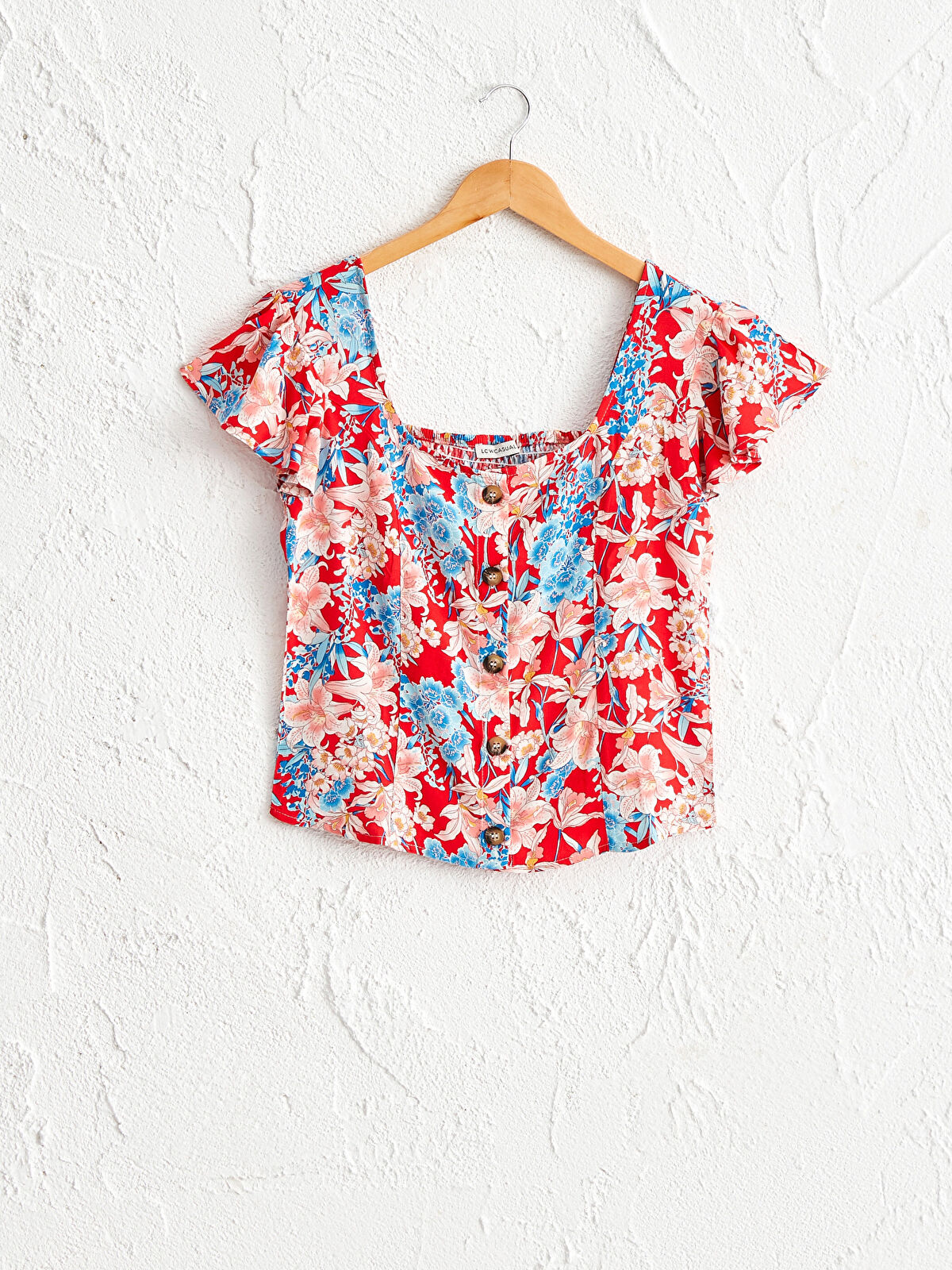 Çiçek Desenli Kare Yaka Viskon Bluz