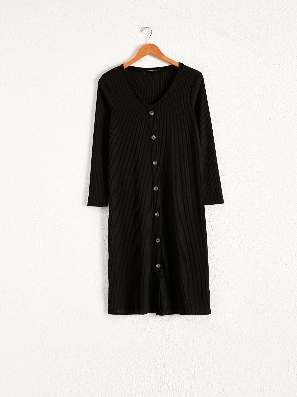 LCW CLASSIC V Yaka Uzun Kollu Penye Kadın Esnek Kalem Elbise