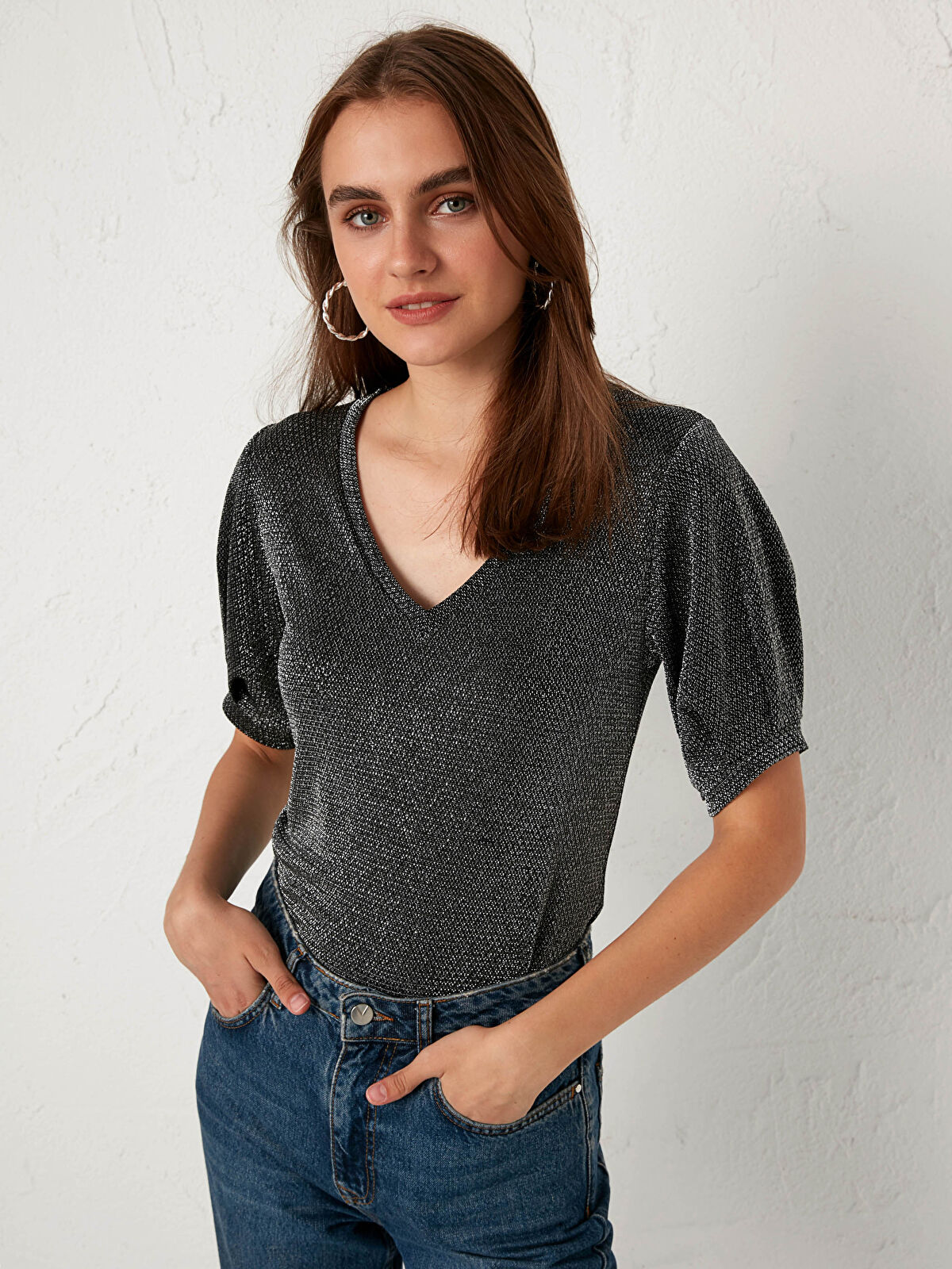 V Yaka Işıltılı Esnek Bluz