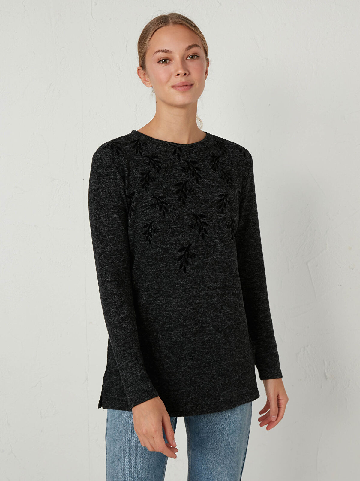 LCW GRACE Bisiklet Yaka Uzun Kollu Kadın Baskılı Esnek Tişört