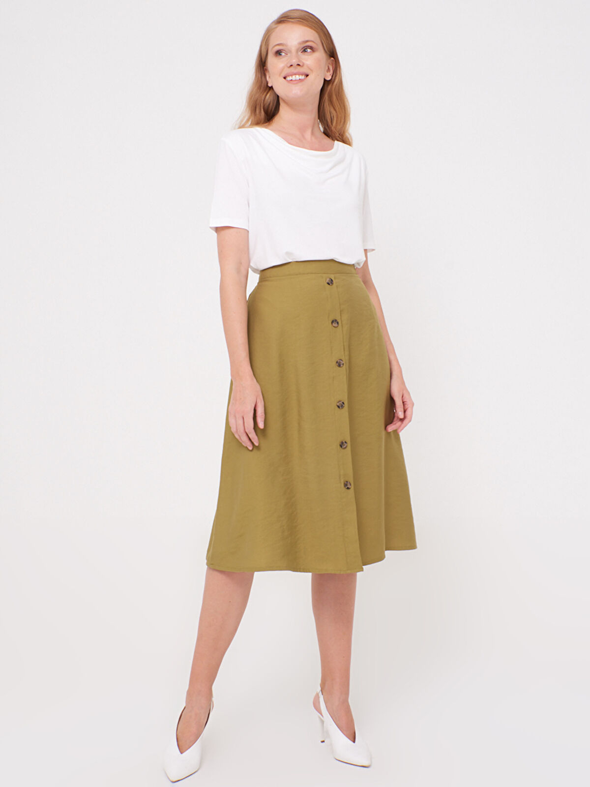 Önü Düğmeli Tencel Kumaş Etek