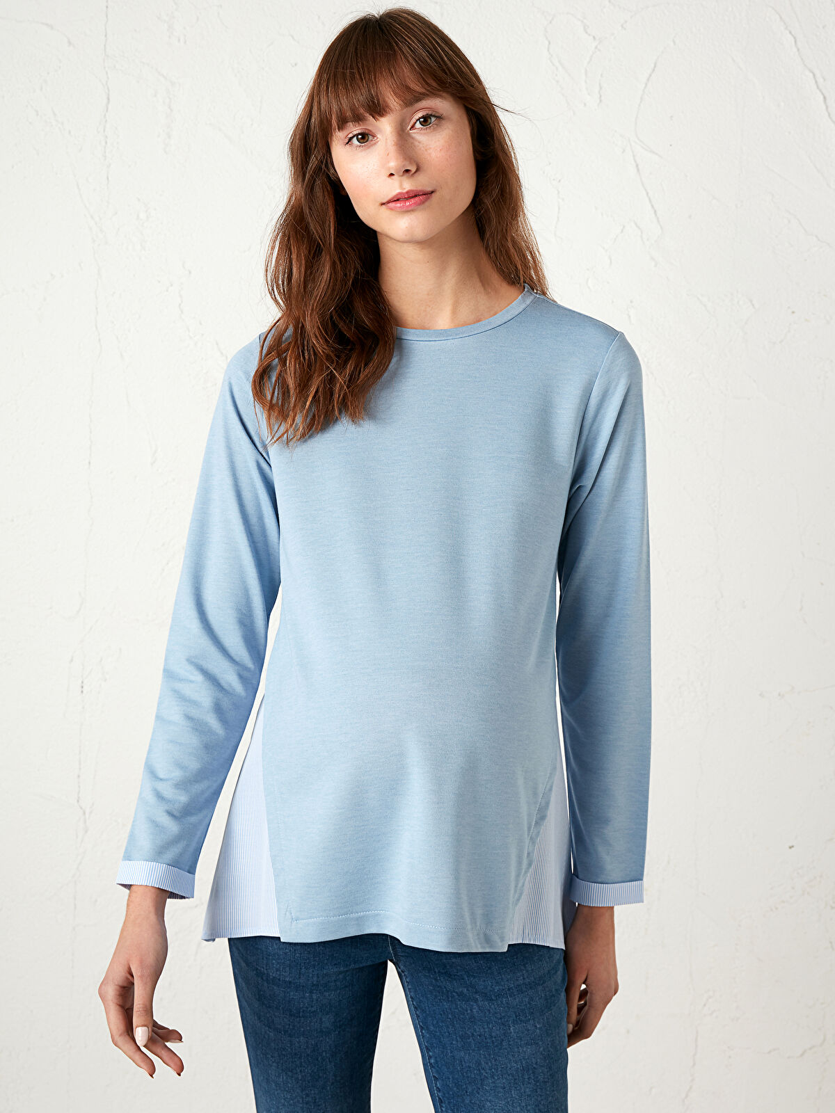 Bisiklet Yaka Uzun Kollu Sweatshirt Kumaşı Kadın Dokulu Hamile Tunik