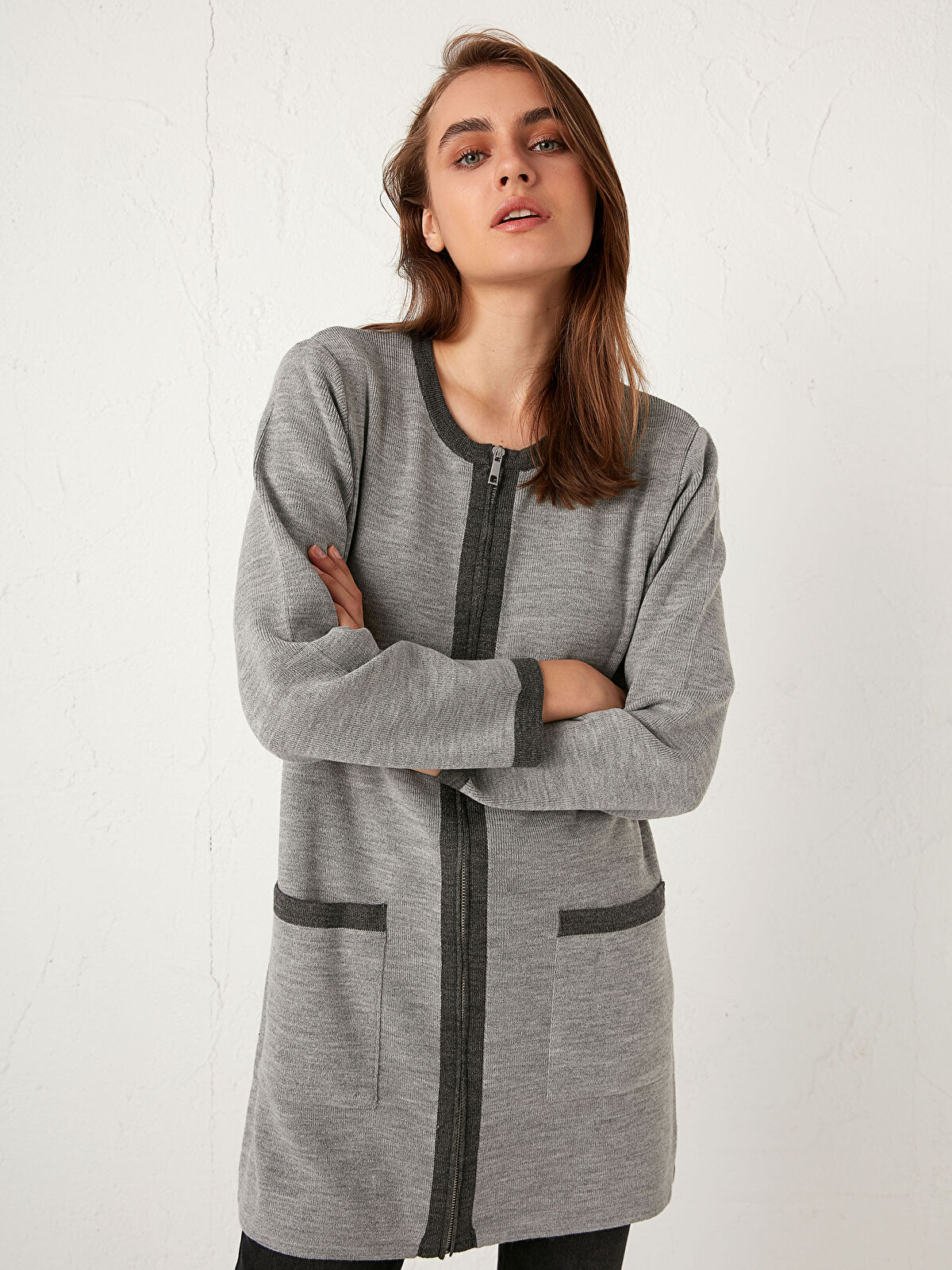 Şerit Detaylı Fermuarlı Kalın Hırka