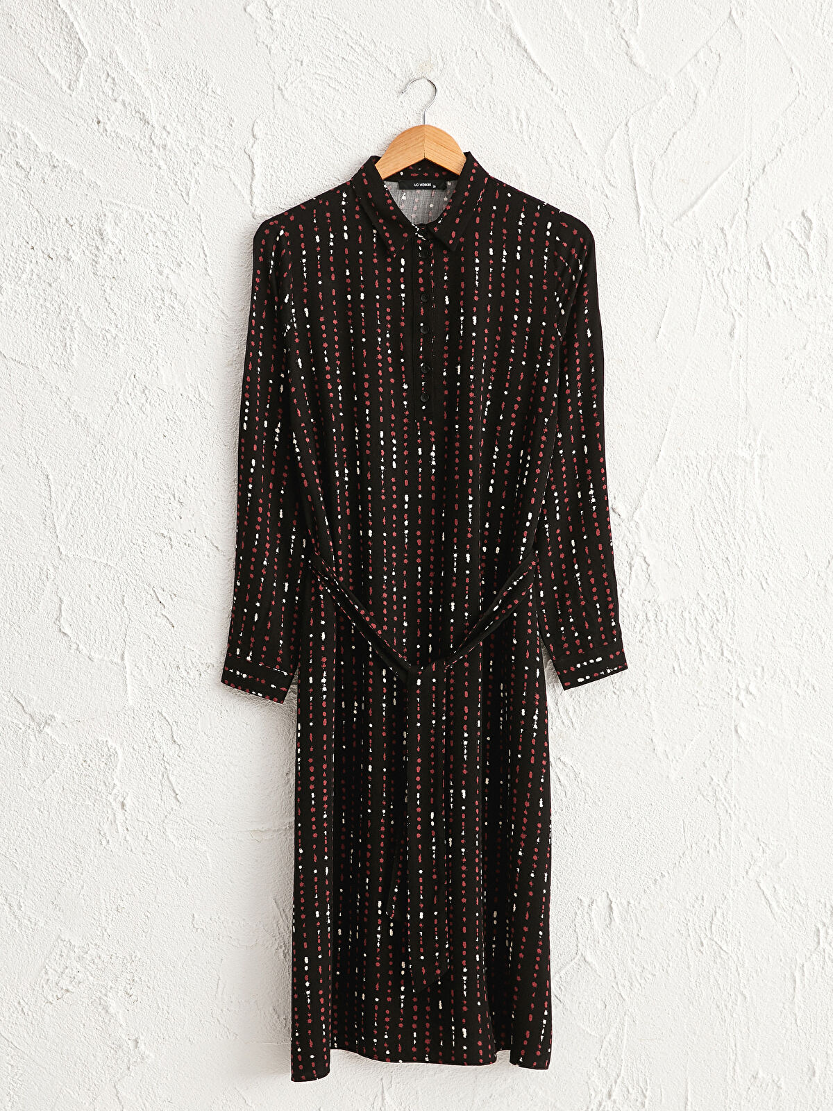 Desenli Kuşaklı Gömlek Elbise