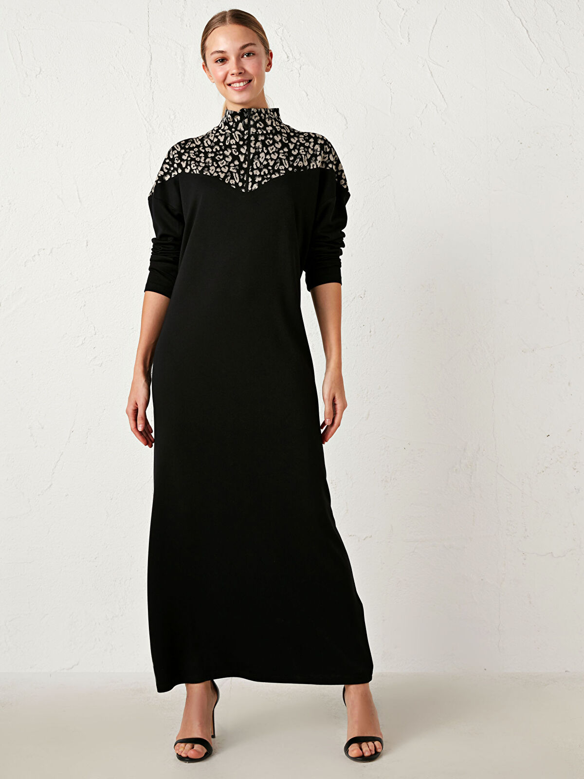 Renk Bloklu Uzun Elbise