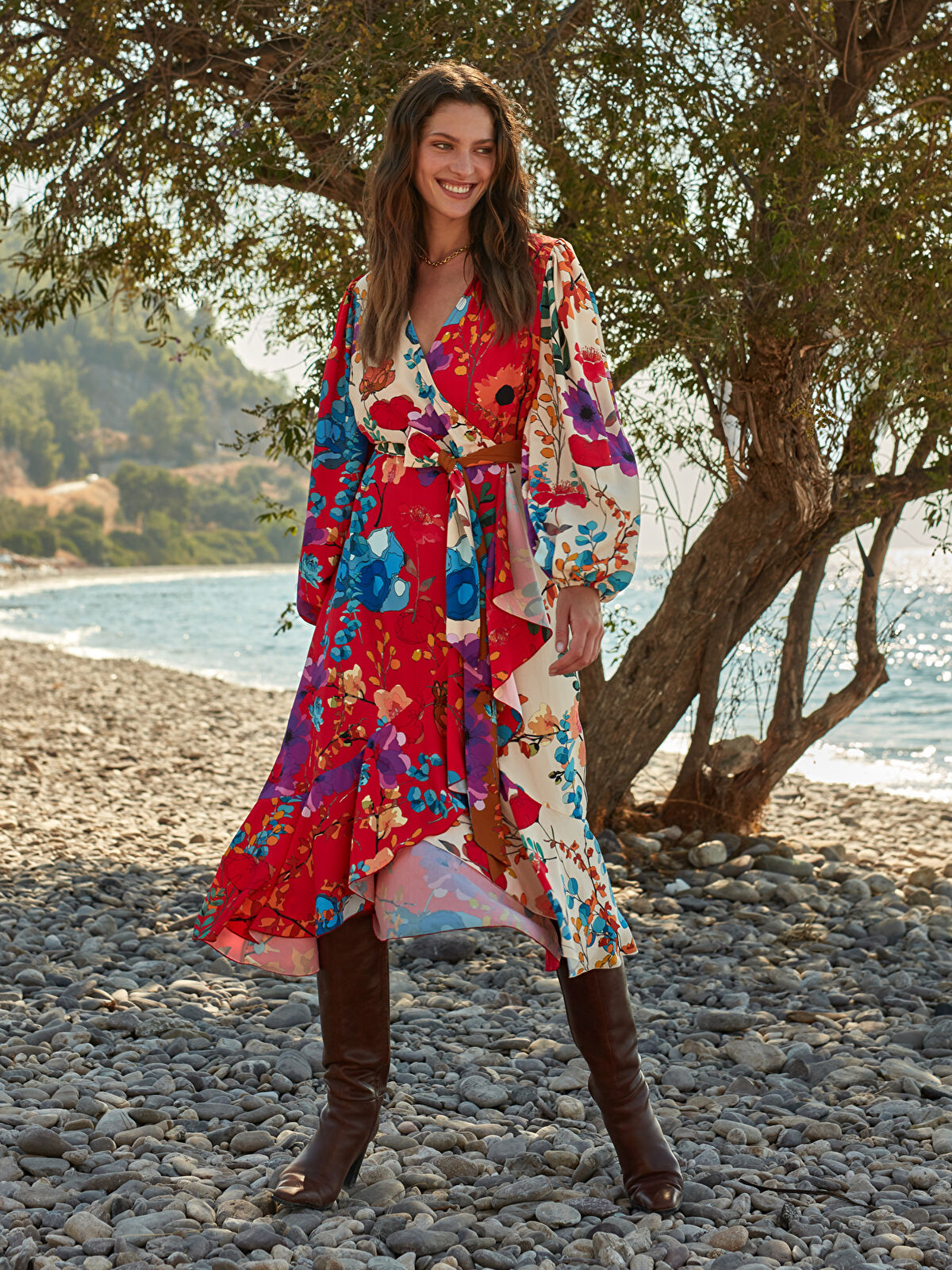 OOPSCOOL X LCWAIKIKI ÇİÇEK DESENLİ KUŞAKLI ANVELOP ELBİSE