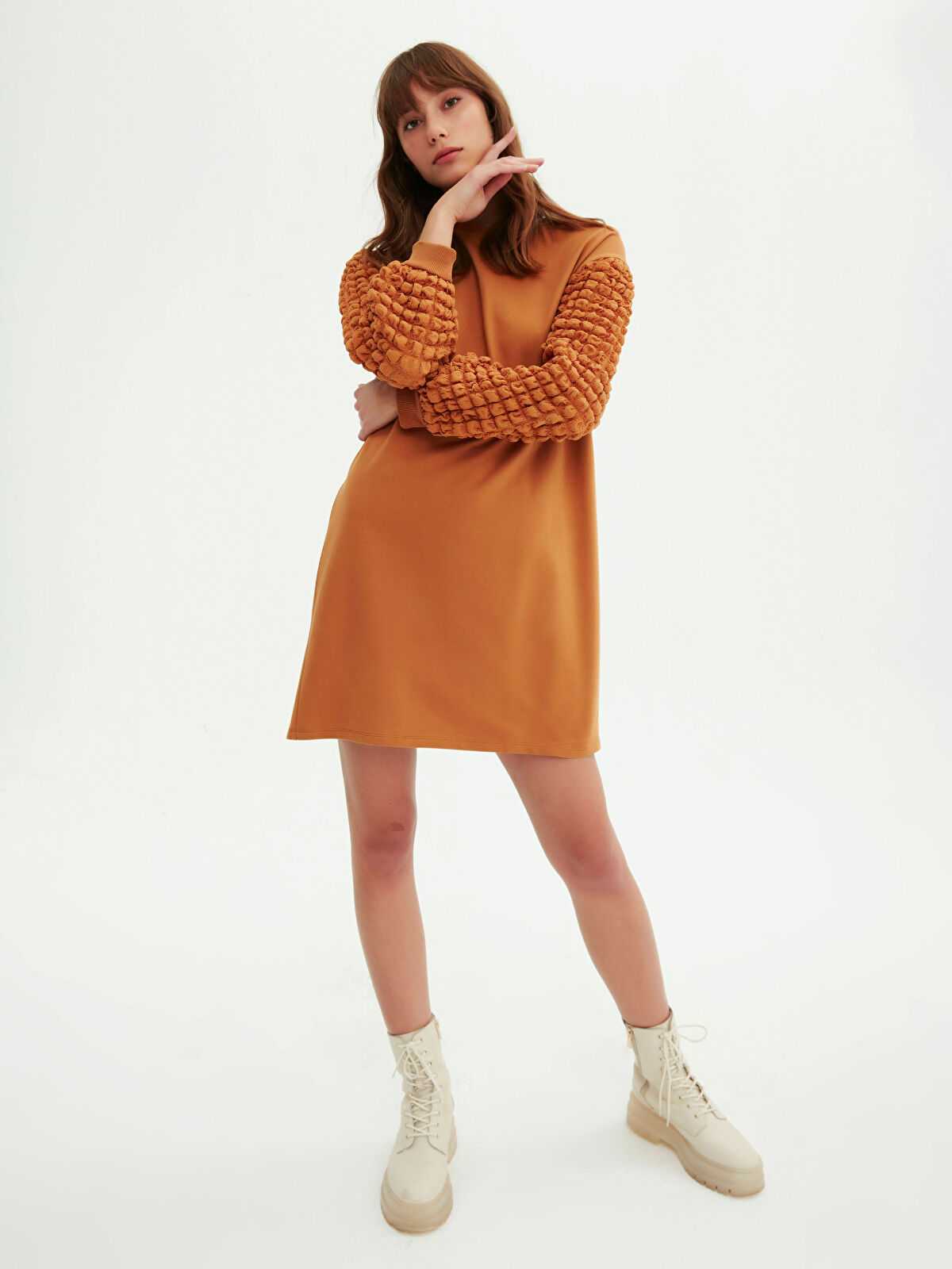 Kolları Gofre Detaylı Sweat Elbise Kolları Gofre Detaylı Sweat Elbise