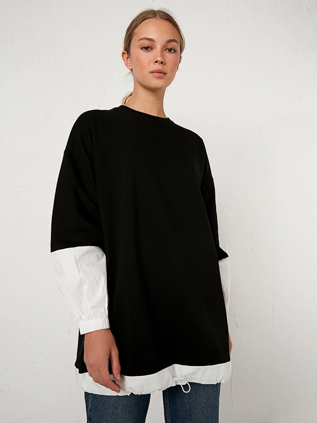 MODEST Bisiklet yaka Renk Bloklu Uzun Kollu Oversize Kadın Tunik