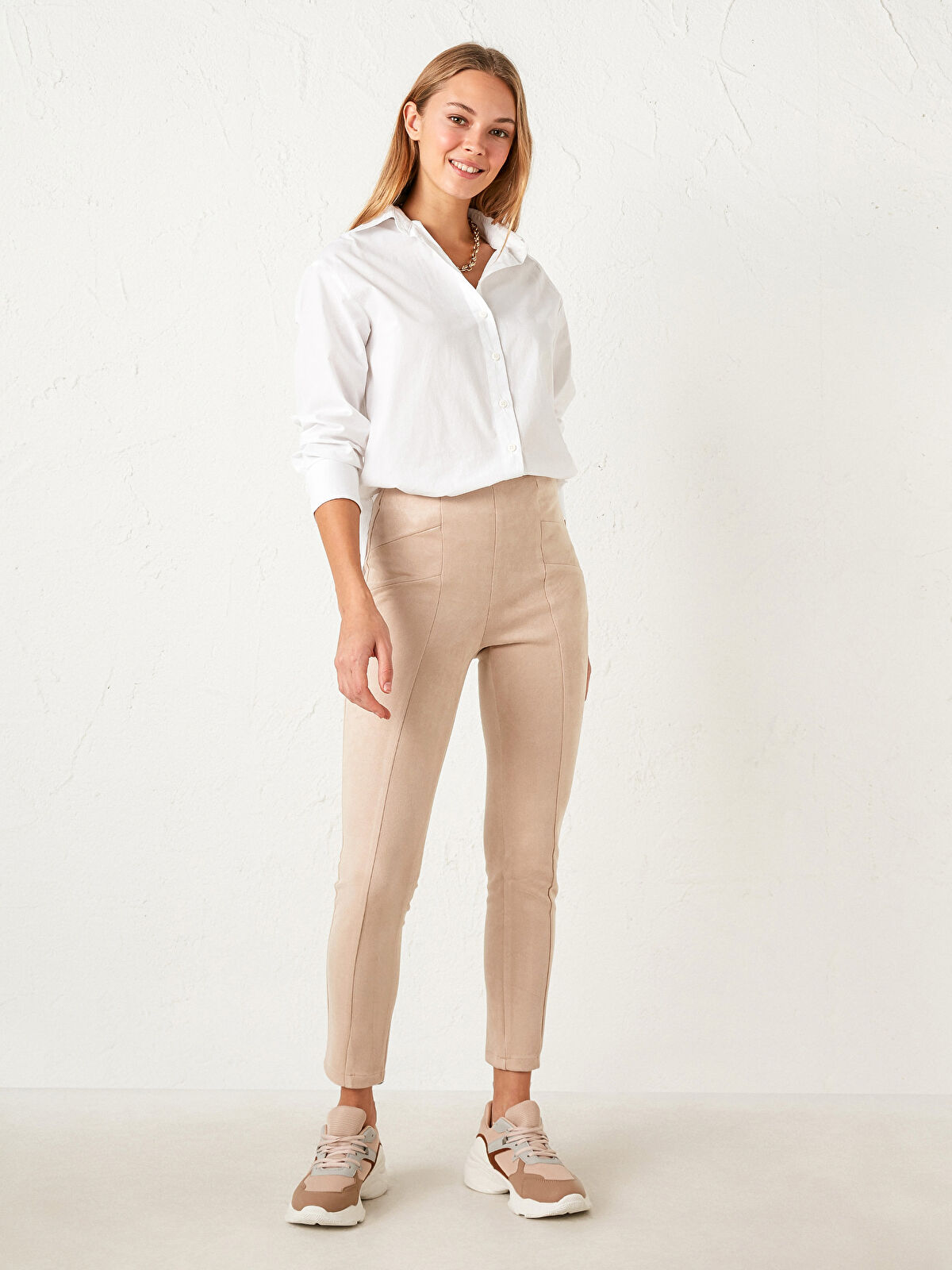 Dokulu Kumaştan Bilek Boy Skinny Pantolon