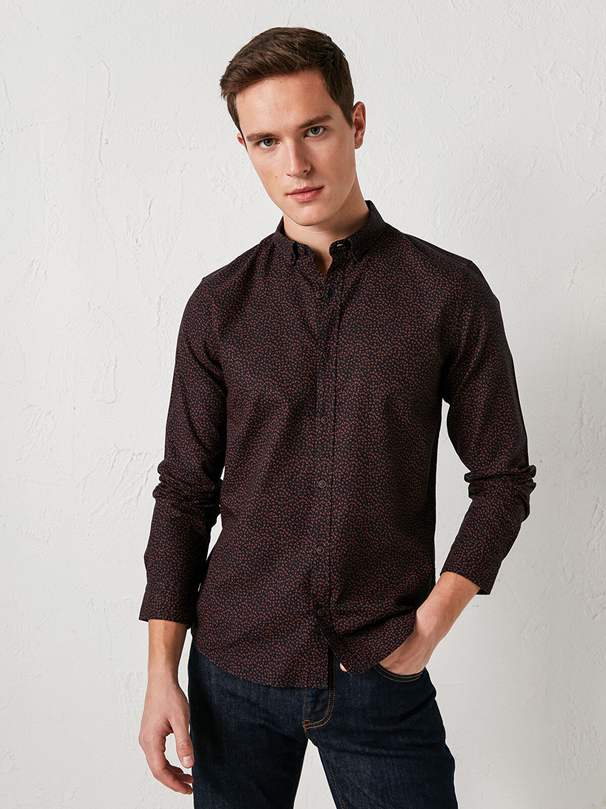 Slim Fit Uzun Kollu Desenli Oxford Gömlek