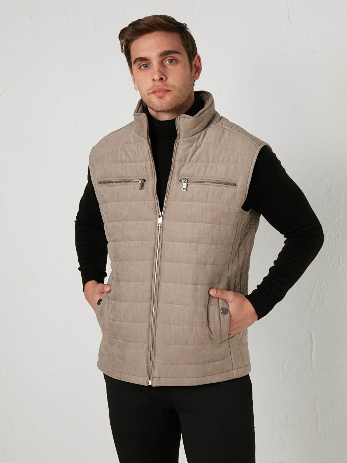 Slim Fit Dik Yaka Kalın Süet Yelek