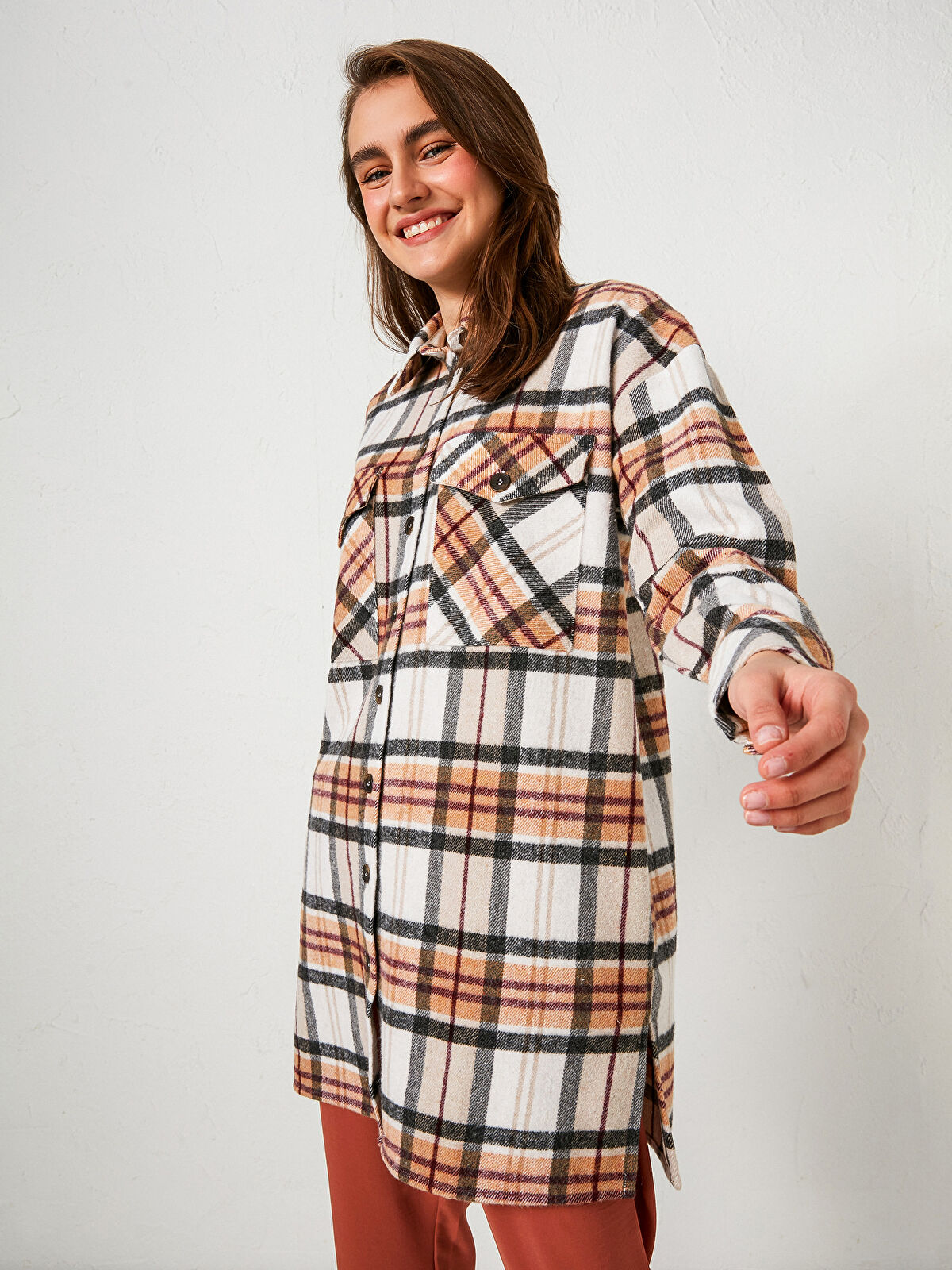 MODEST Gömlek Yaka Ekose Uzun Kollu Oversize Kadın Tunik