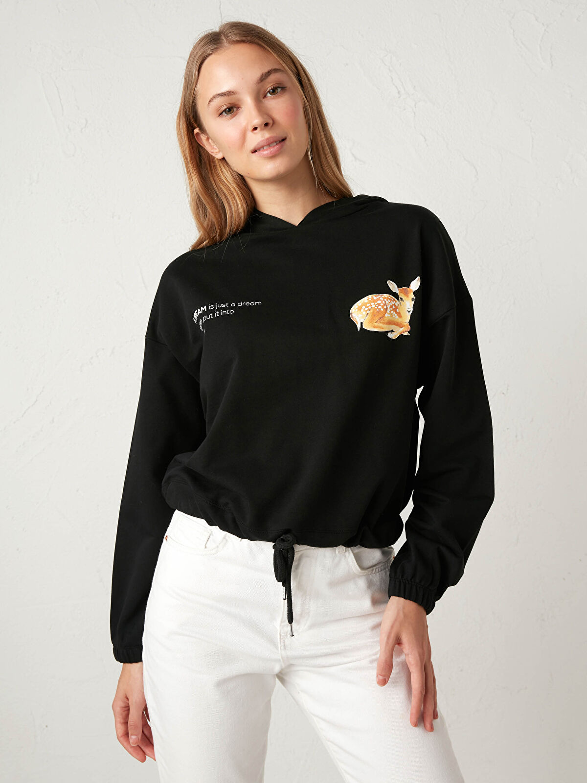 Büzgü Detaylı Baskılı Kapüşonlu Sweatshirt