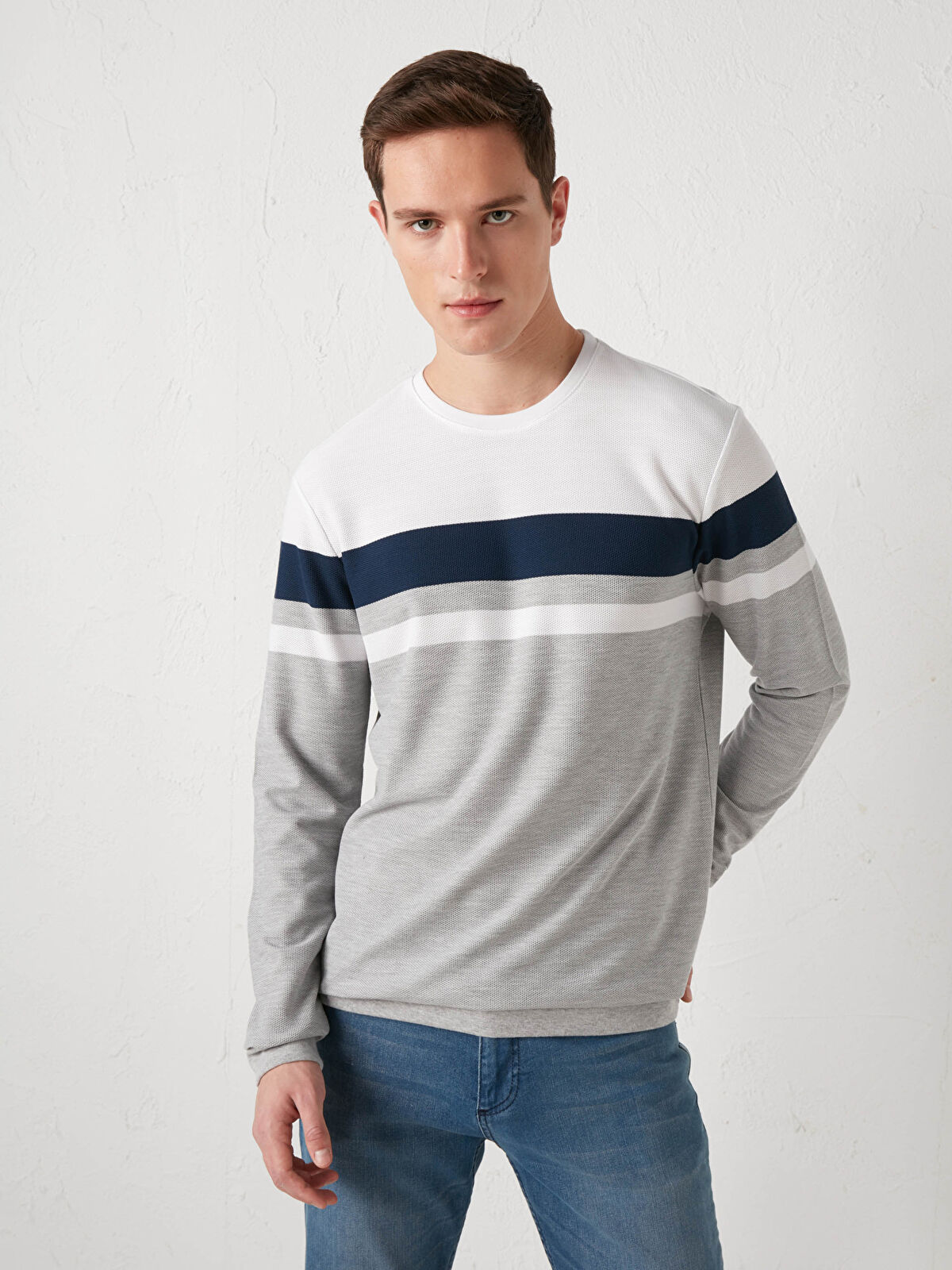 Rahat Kalıp Bisiklet Yaka Çizgili Sweatshirt