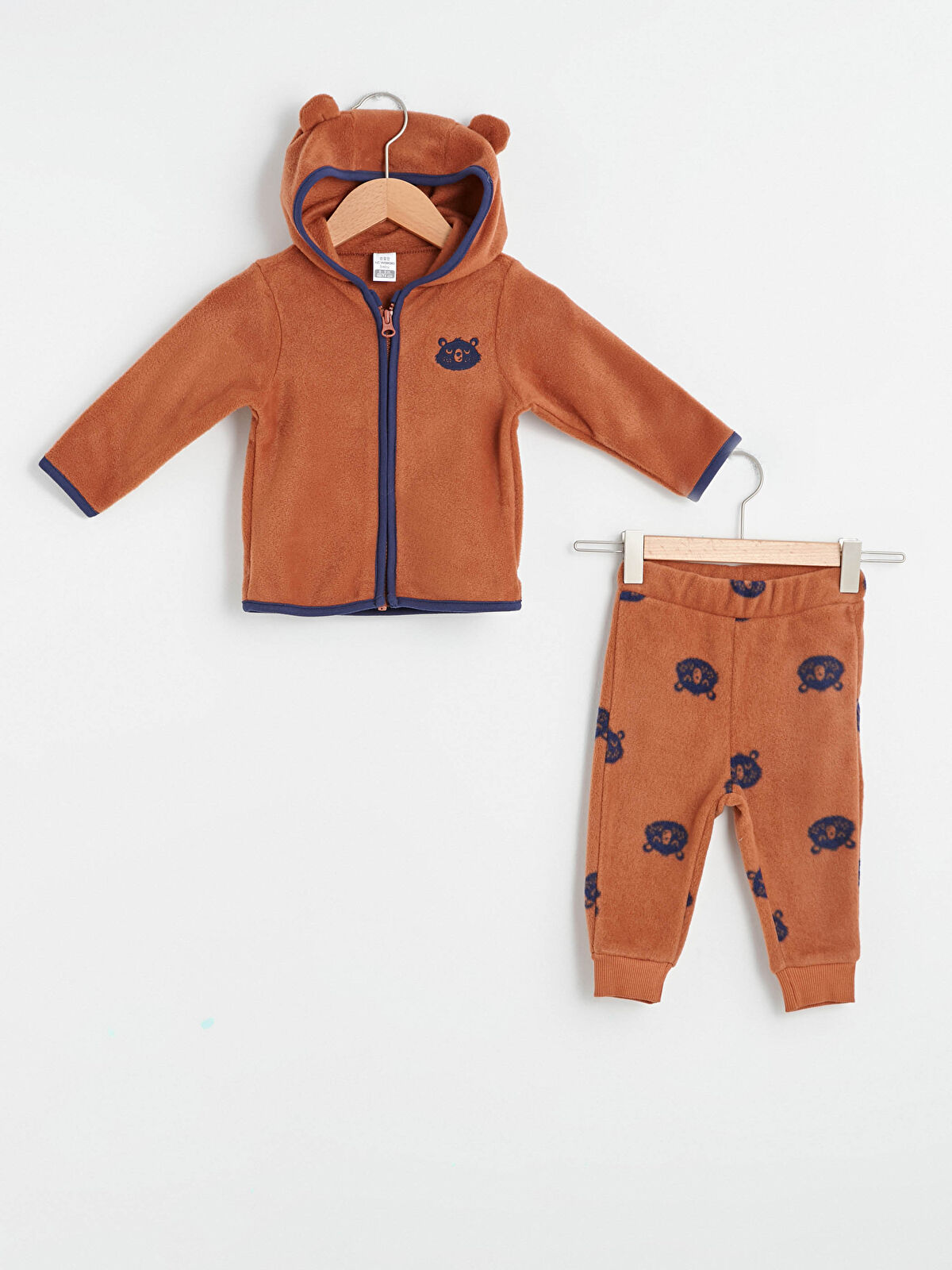 Kapüşonlu Uzun Kol Baskılı Erkek Bebek Fermuarlı Sweatshirt ve Pantolon 2'li Takım