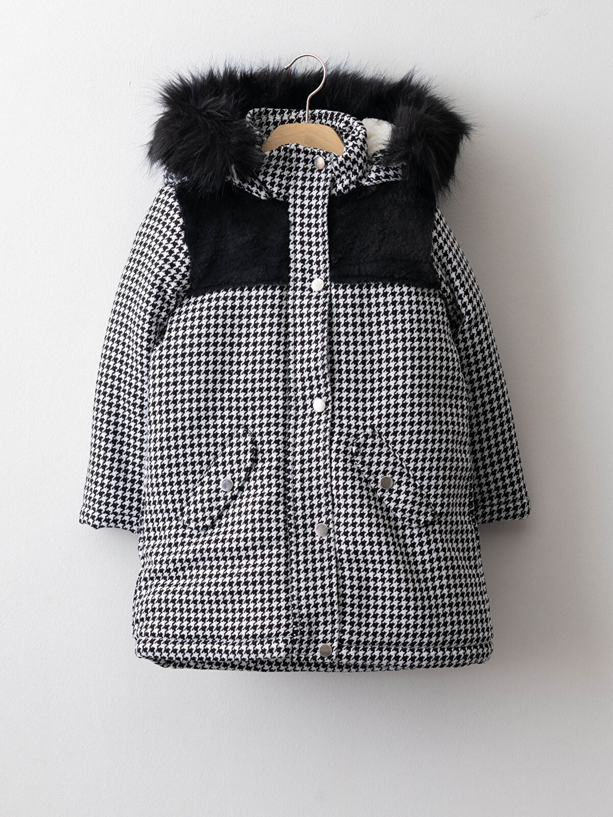 Kapüşonlu Kazayağı Desenli Kalın Kız Çocuk Kaşe Kaban