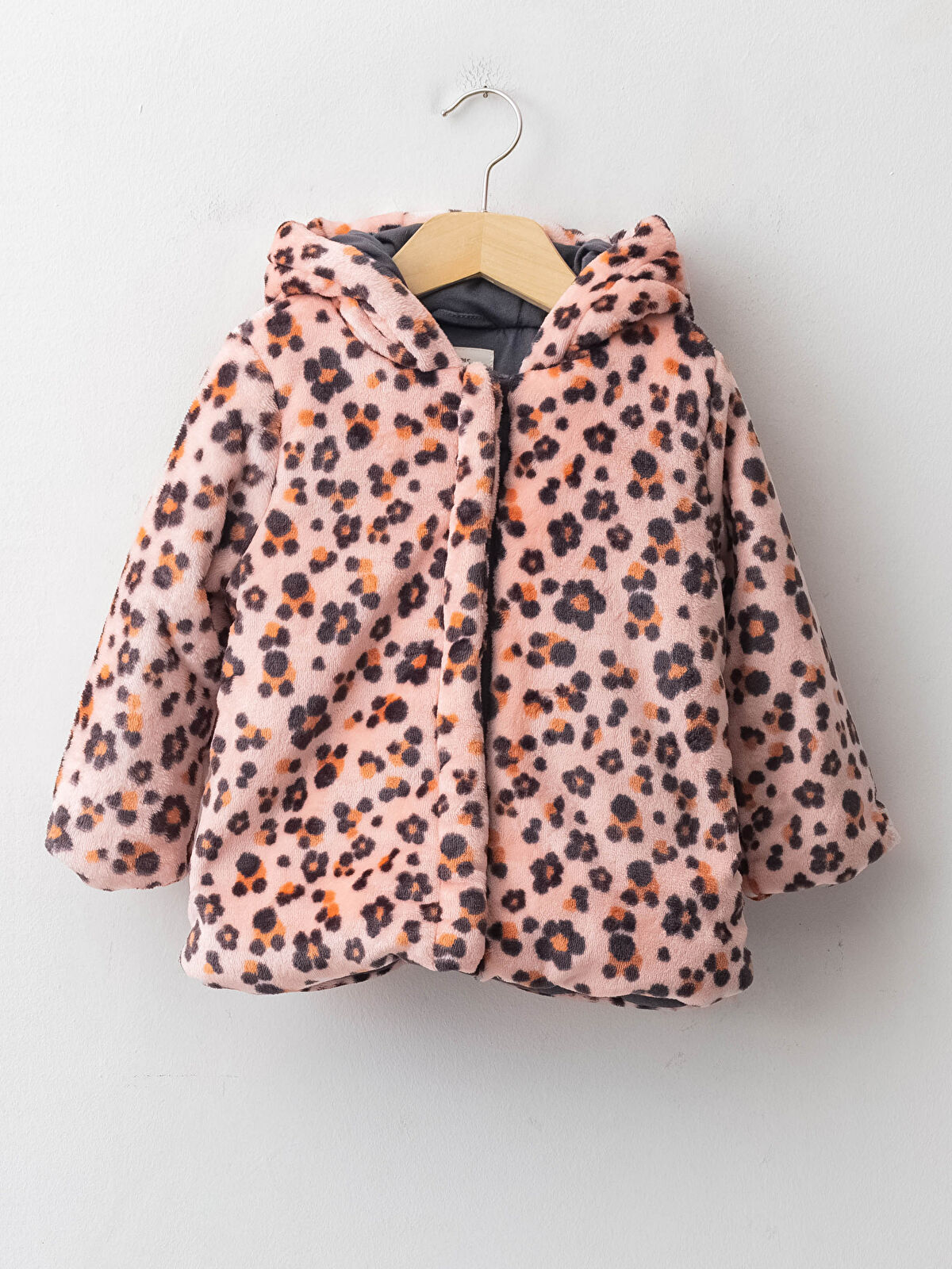 Kapüşonlu Uzun Kollu Desenli Pelüş Kız Bebek Mont