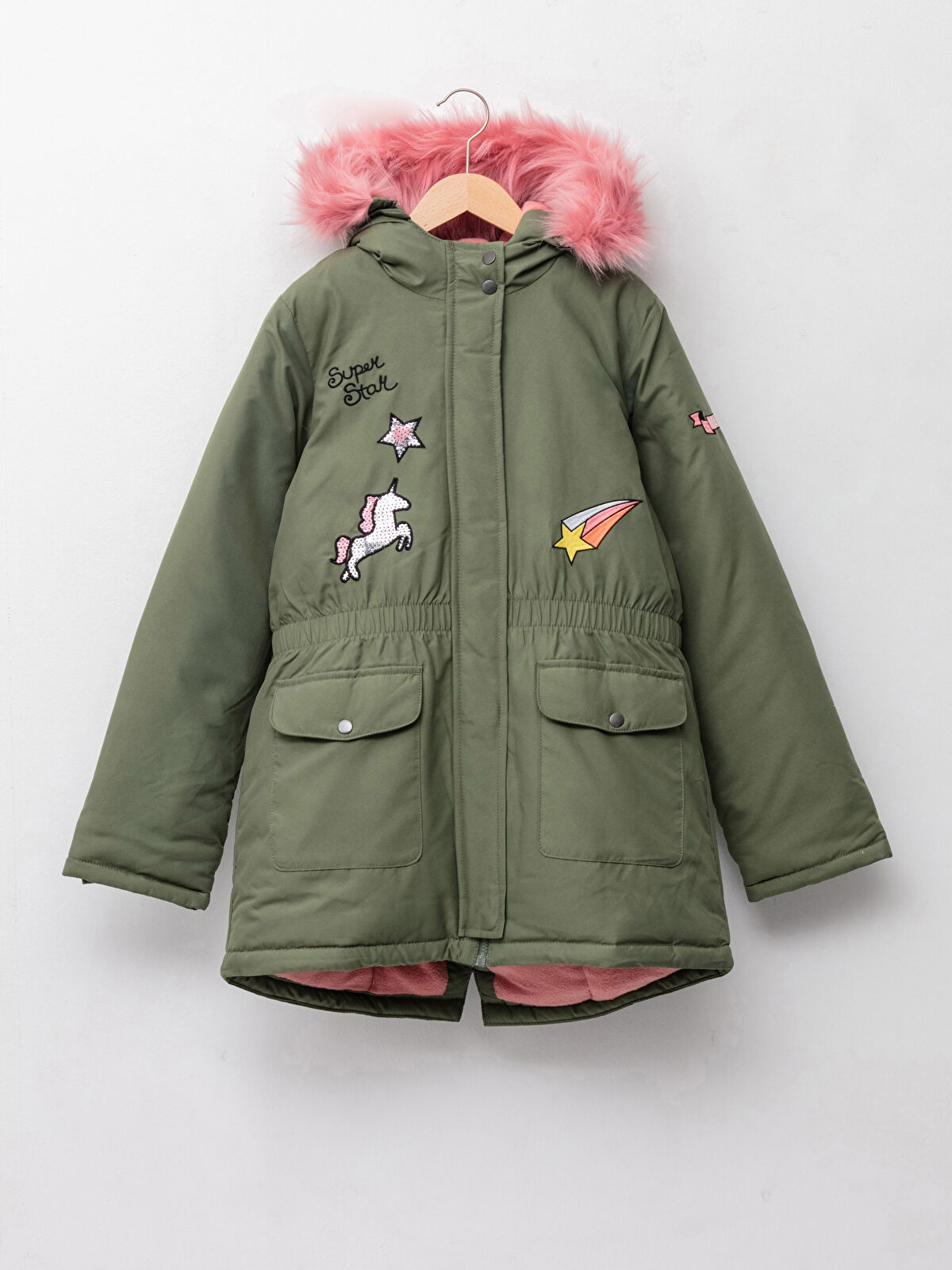 Kapüşonlu Nakış Detaylı Kız Çocuk Parka