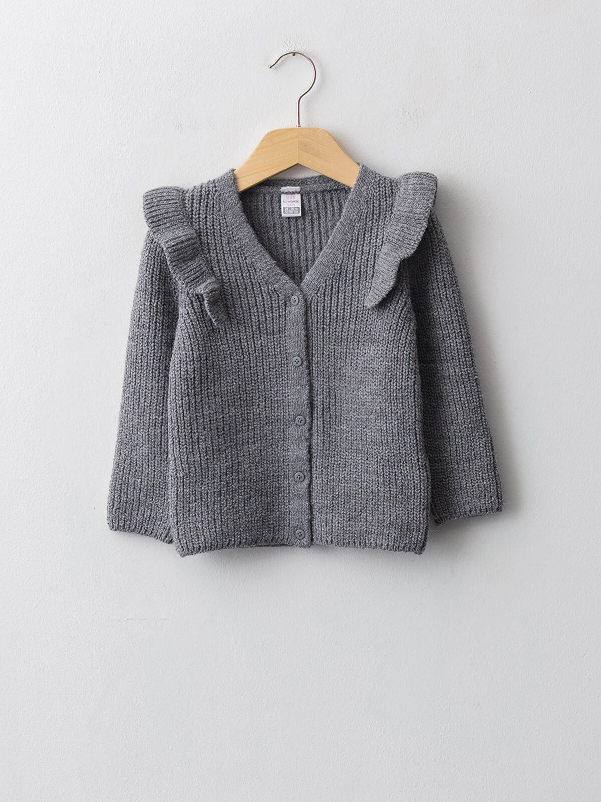 V Yaka Fırfır Detaylı Düğmeli Uzun Kol Kız Bebek Hırka