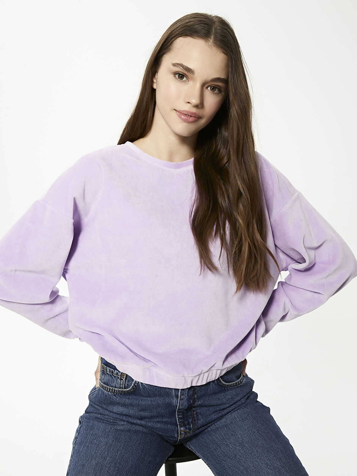 Bisiklet Yaka Düz Uzun Kollu Kadife Kadın Sweatshirt