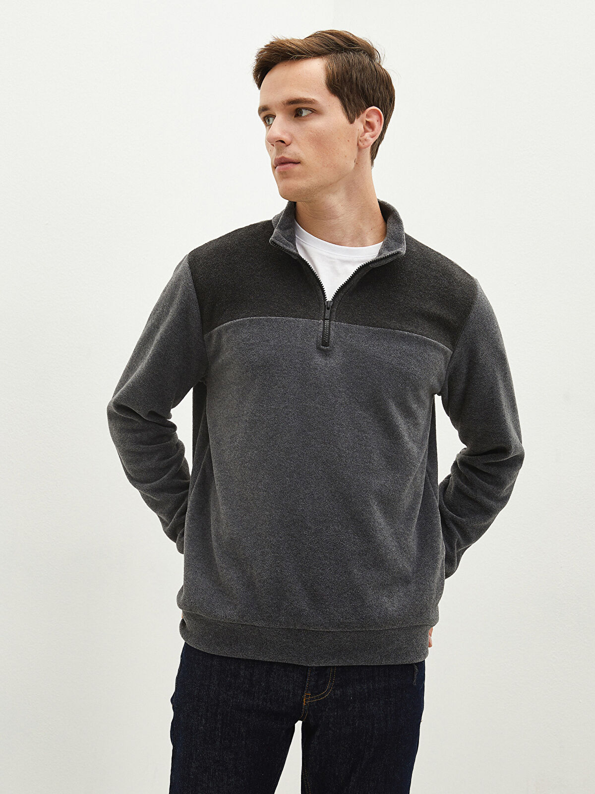 Fermuarlı Dik Yaka Uzun Kollu Erkek Polar Sweatshirt
